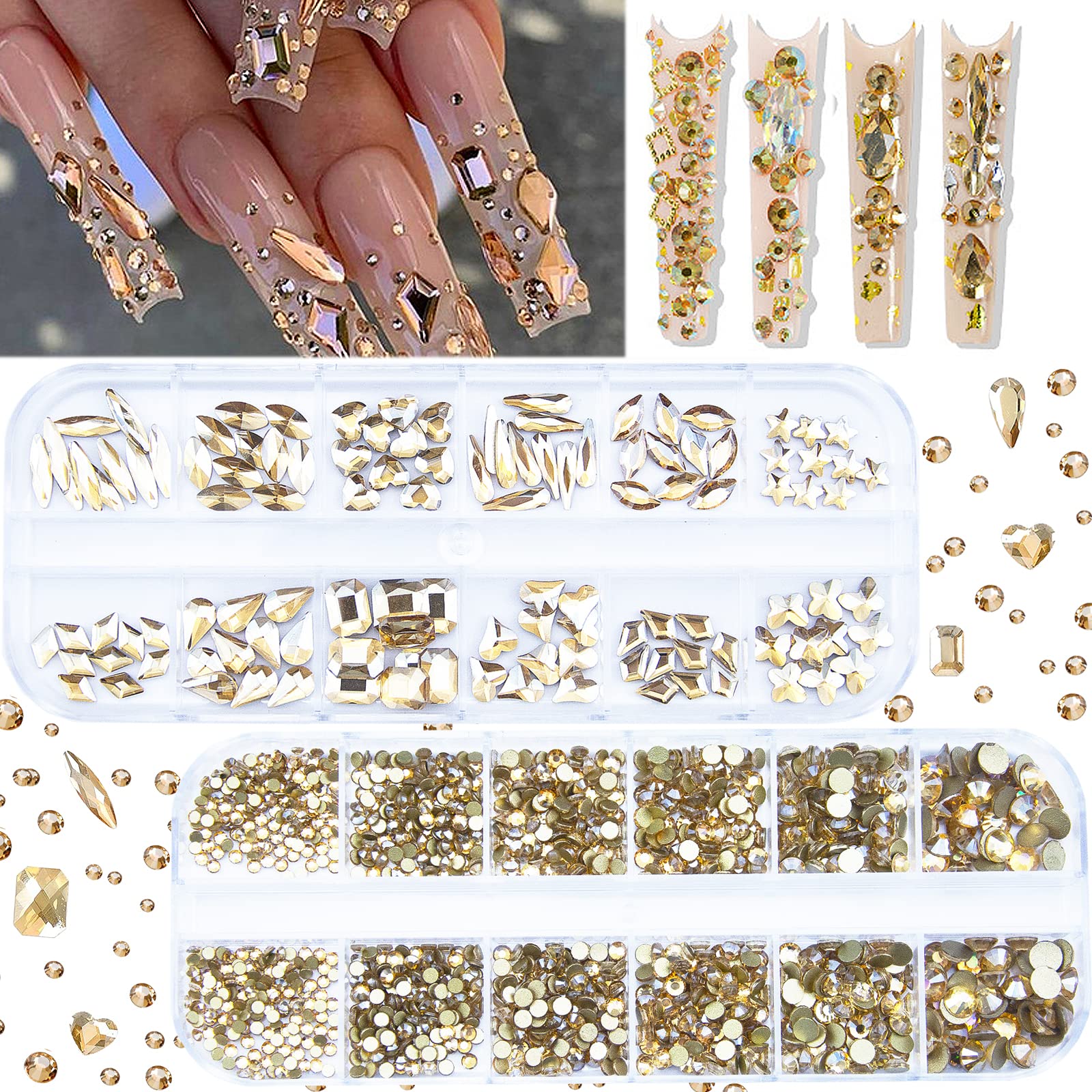 2120 Pcs Champagne Gold Crystal Nail Rhinestones Round Beads Flatback ...
