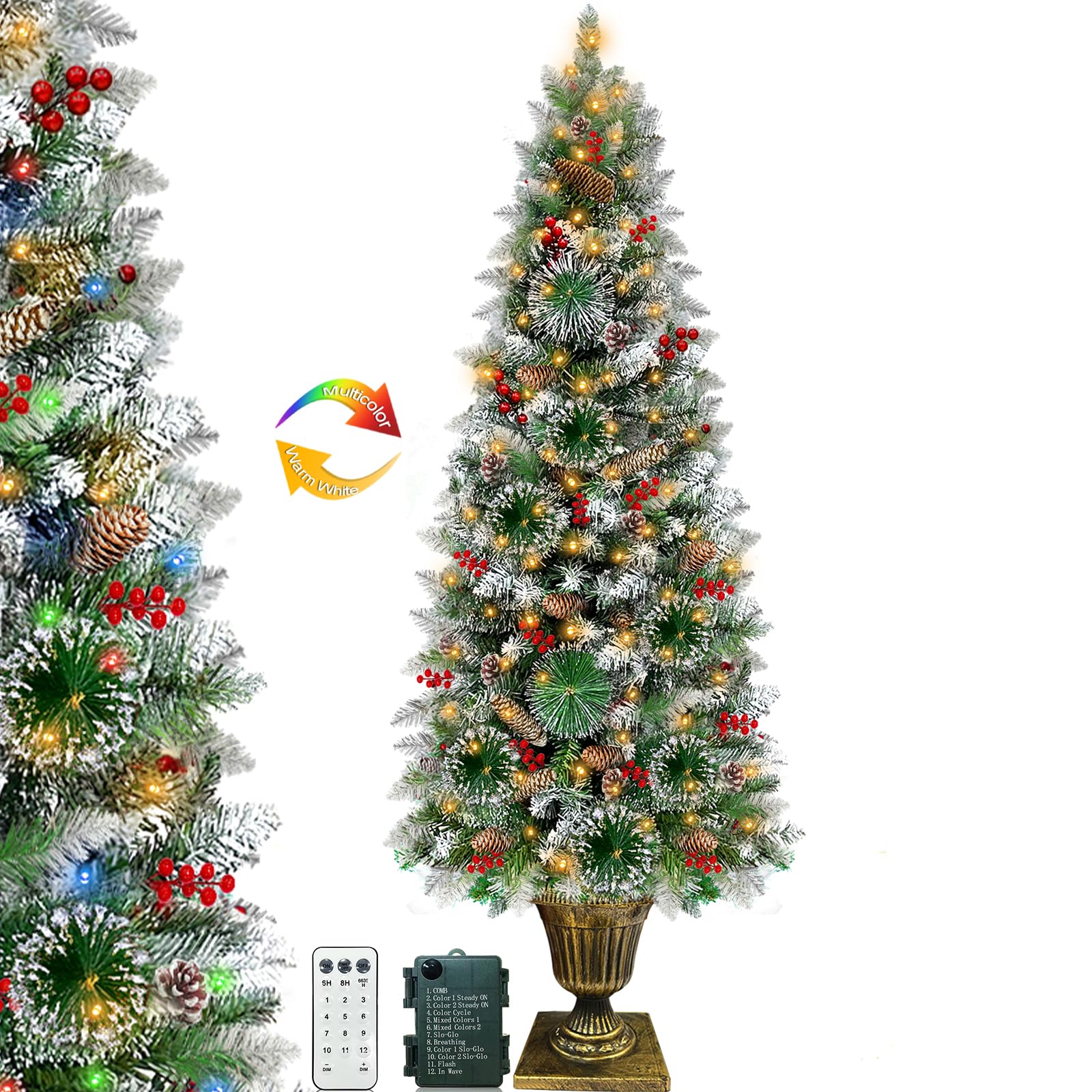 4 Ft Snowy Outdoor Christmas Tree for Porch with Timer Dual Color ...