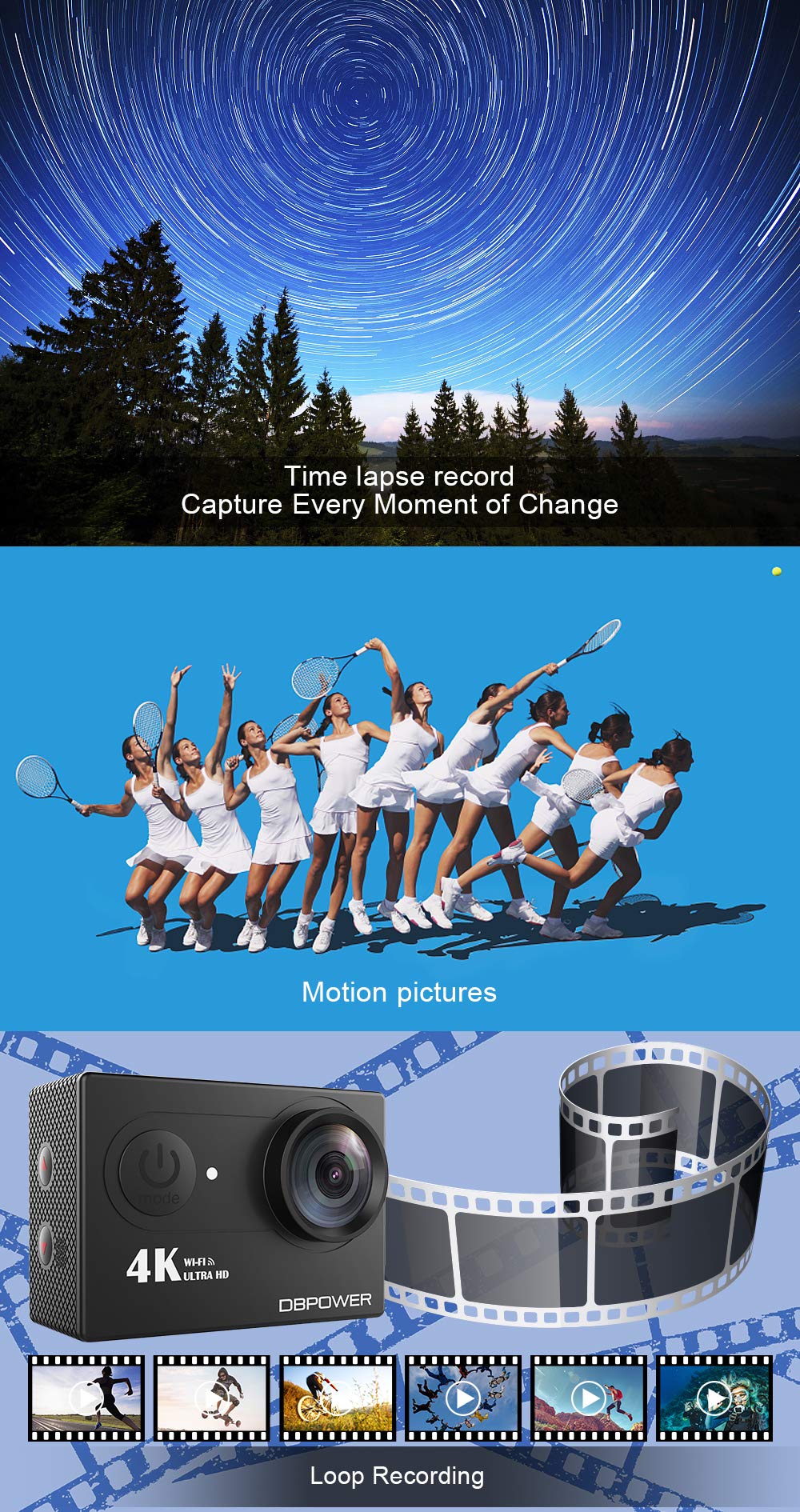 DBPOWER 4K Action Camera 12MP Ultra HD Waterproof Sports Cam with Built ...