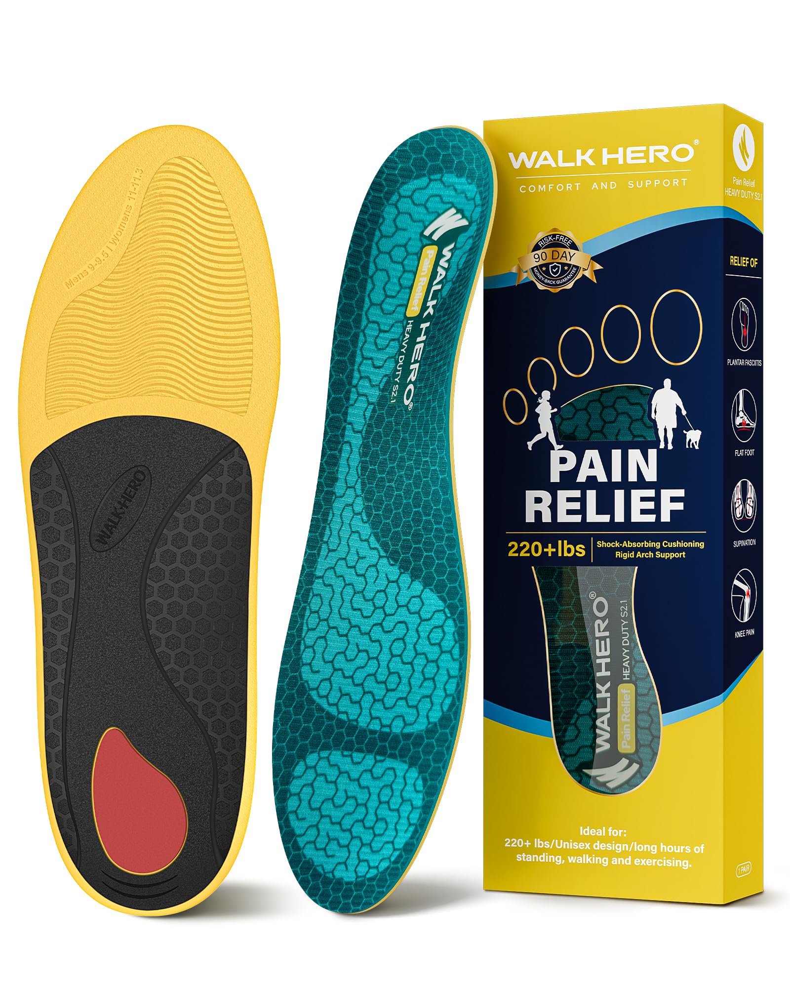 WalkHero Heavy Duty Arch Support Insoles, 220+lbs Plantar Fasciitis ...