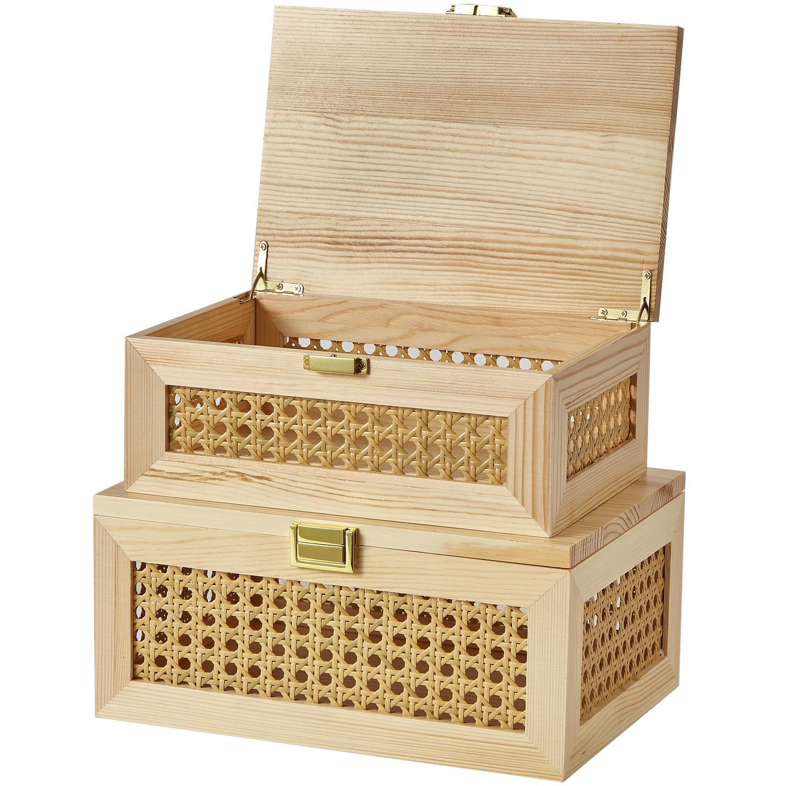 VinneGenzz 2PCS Decorative Rattan Storage Boxes Solid Wood Baskets Bins ...