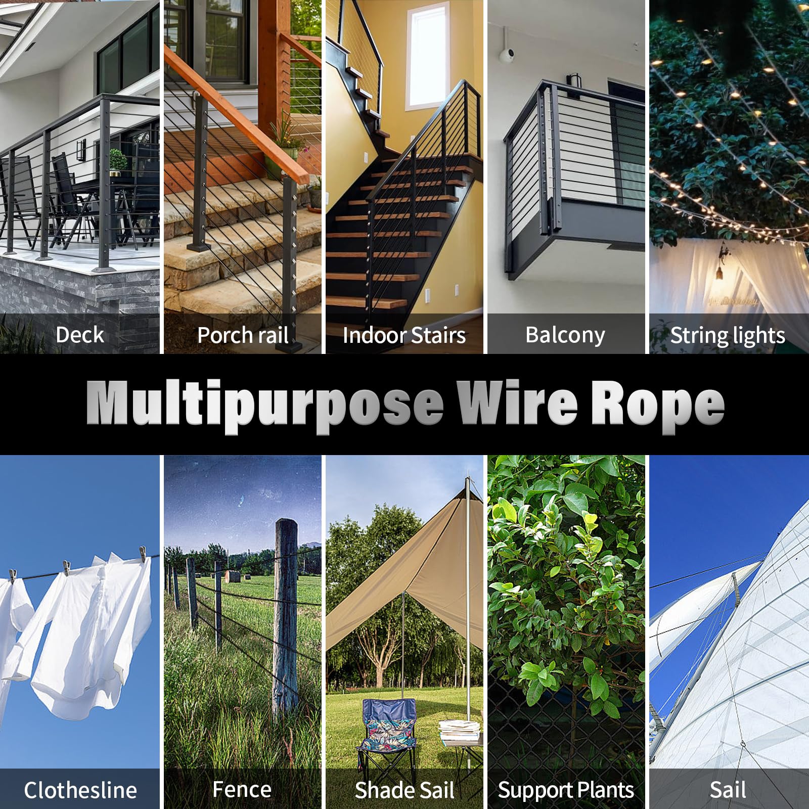 CELYND Black Stainless Steel Cable - 600FT 1/8" T316 Wire Rope For Deck ...