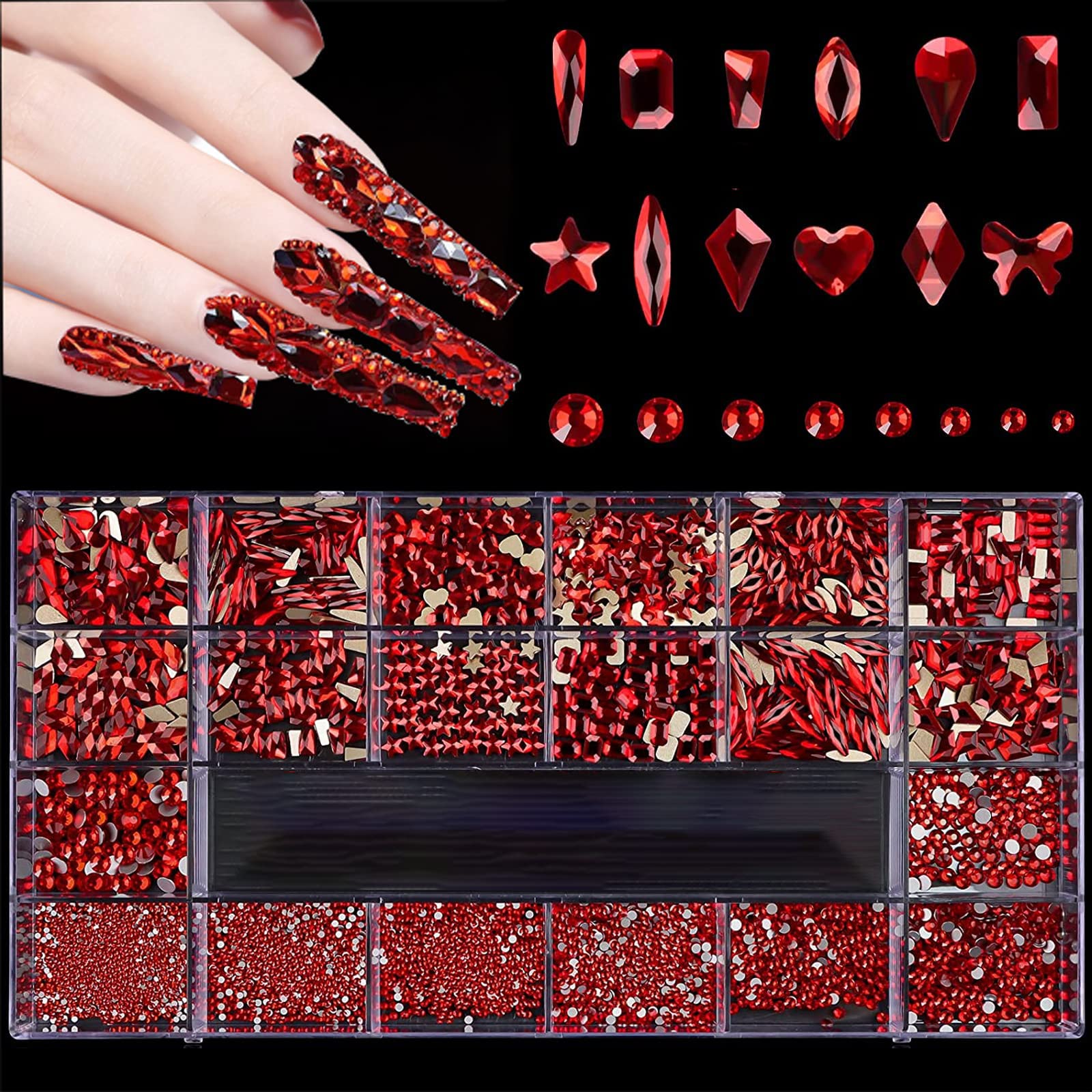 3100Pcs Crystal Red Nail Rhinestones,HOINCO Rhinestones for Nails,Nail ...