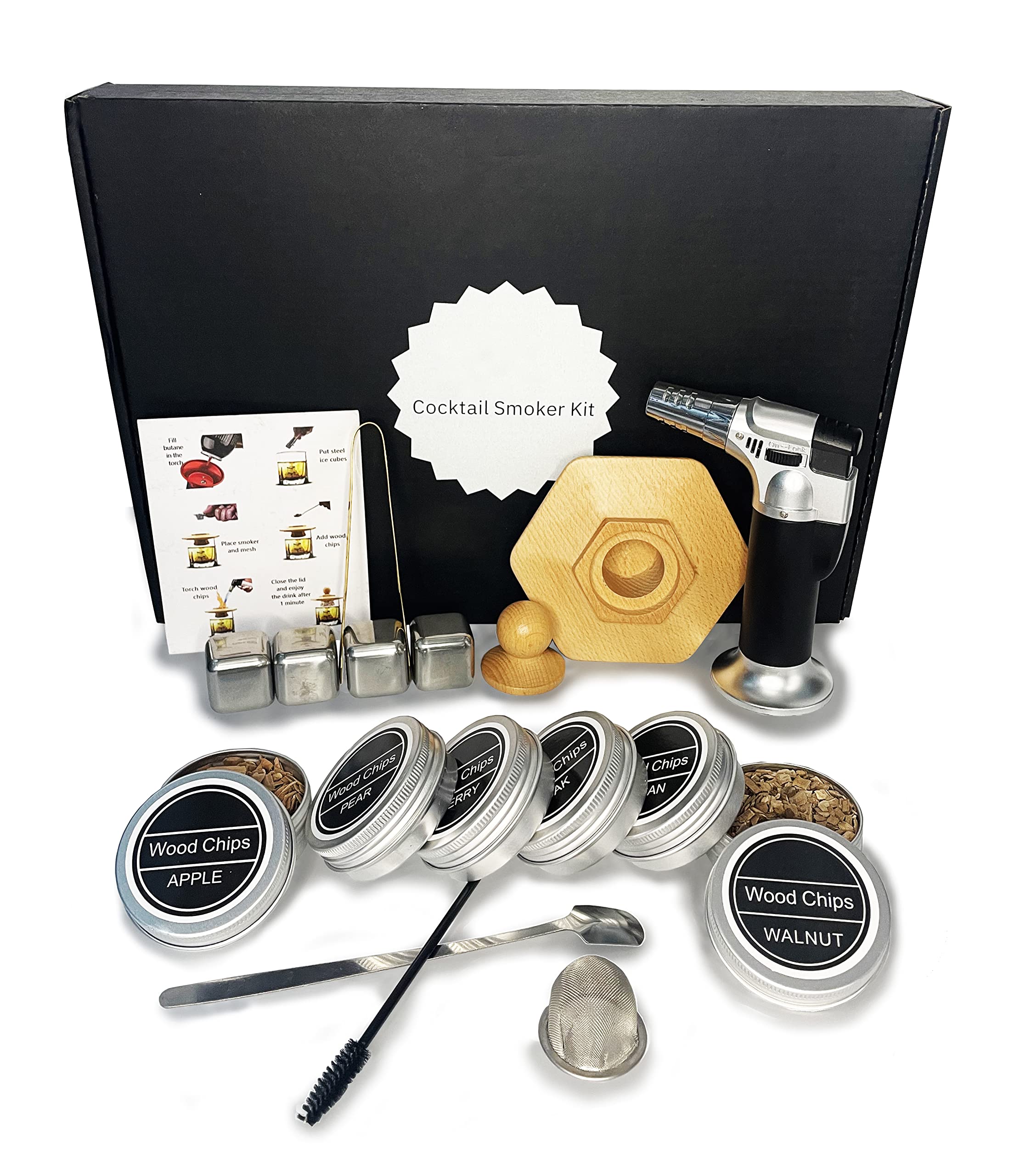 Cocktail Smoker Kit with Torch and Whiskey Cubes, 6 Wood Chip Flavors ...