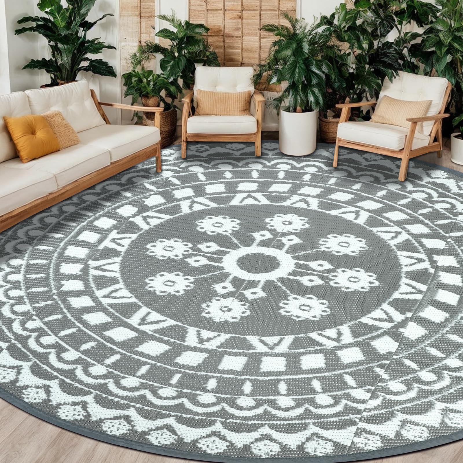 Capslpad 10Ft Round Outdoor Rug for Patios Clearance Reversible Mat ...
