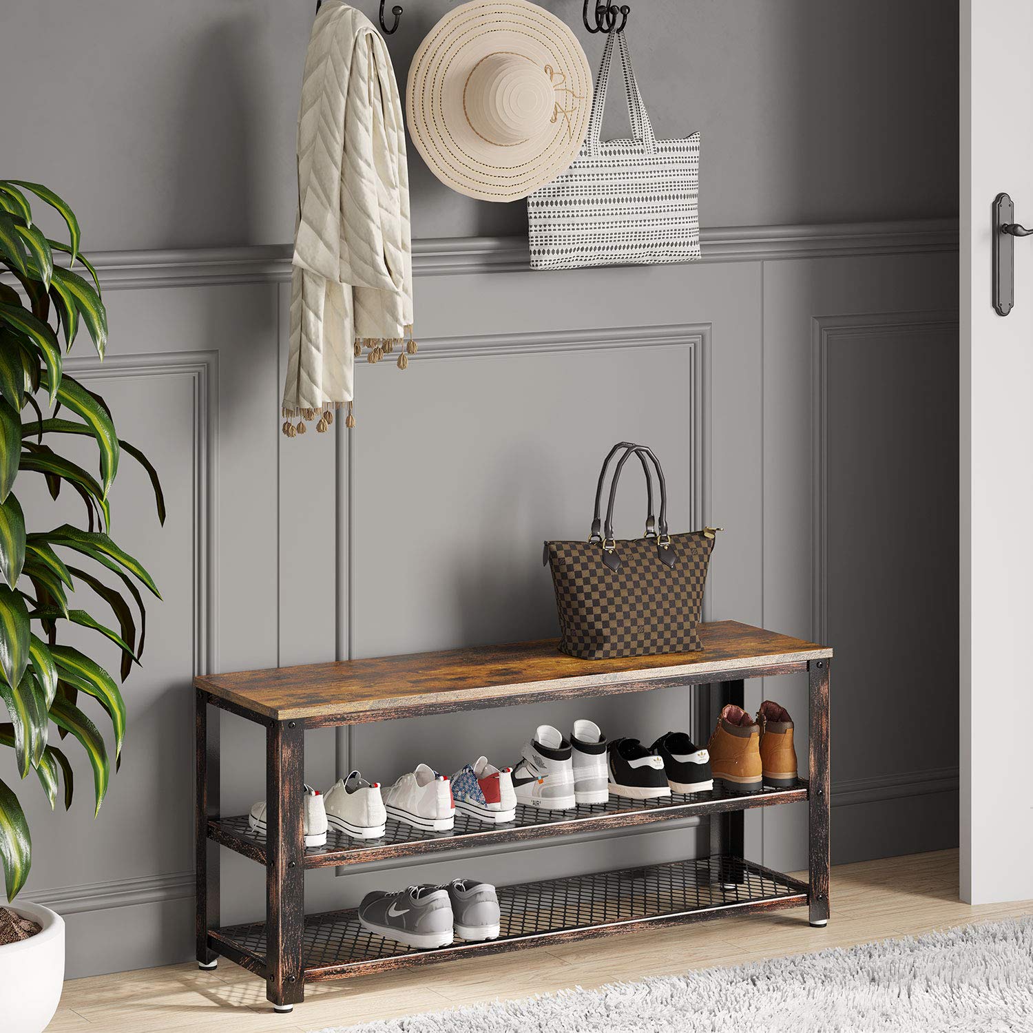 Rolanstar Shoe Bench, Rustic Shoe Rack Bench with Mesh Shelves ...