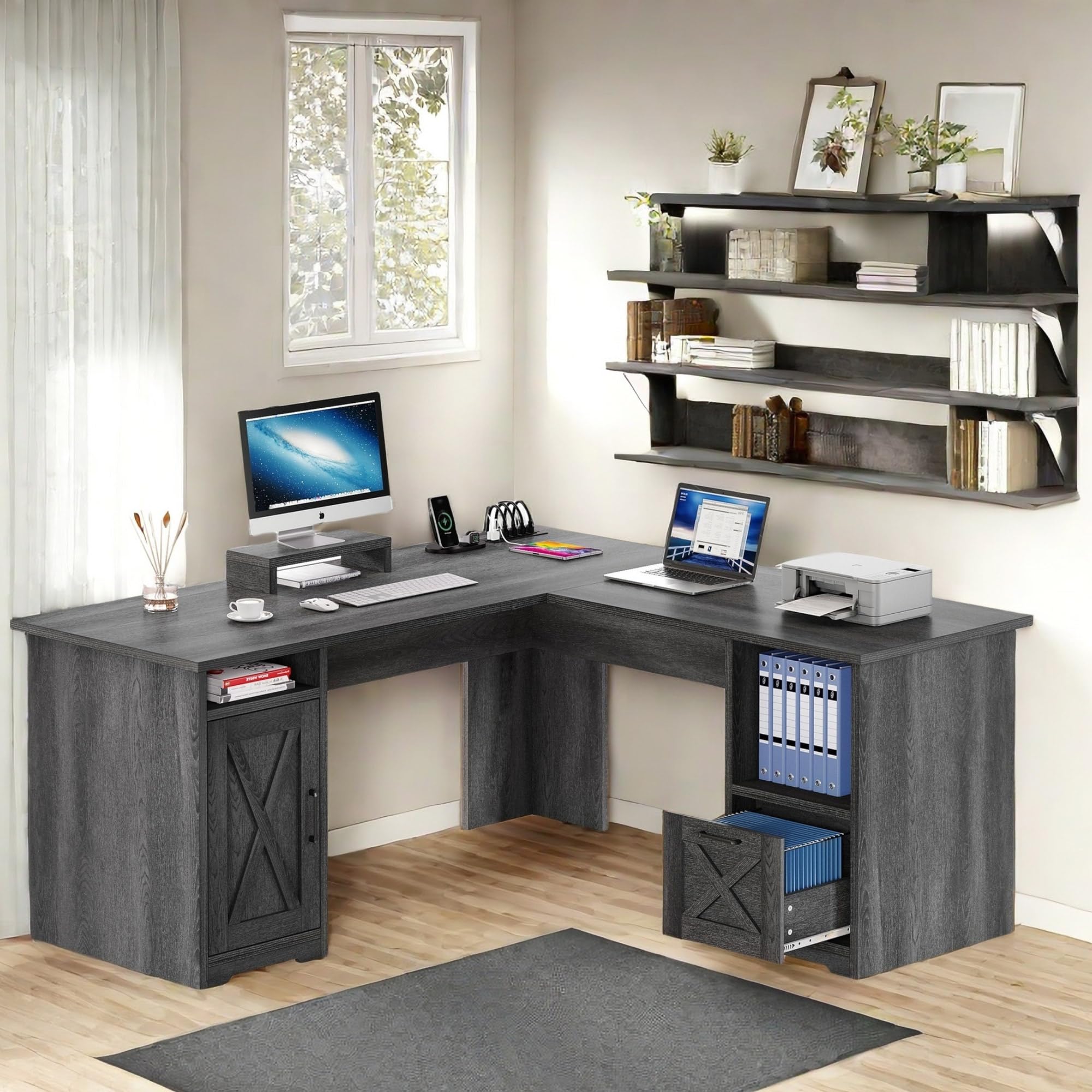 YITAHOME L Shaped Desk with File Drawer, 60" Computer Desk with Power ...