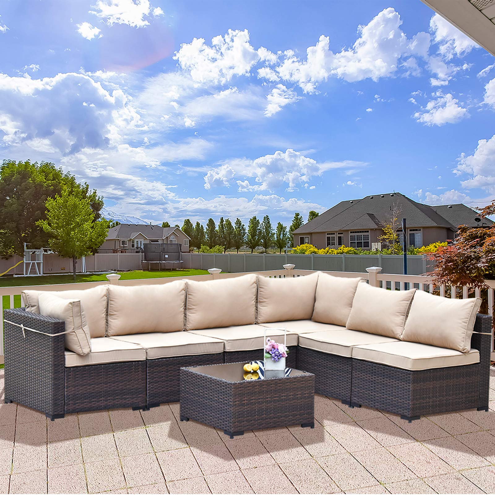 Kullavik Patio Furniture Set 7 Pieces Outdoor Sectional PE Rattan Sofa ...