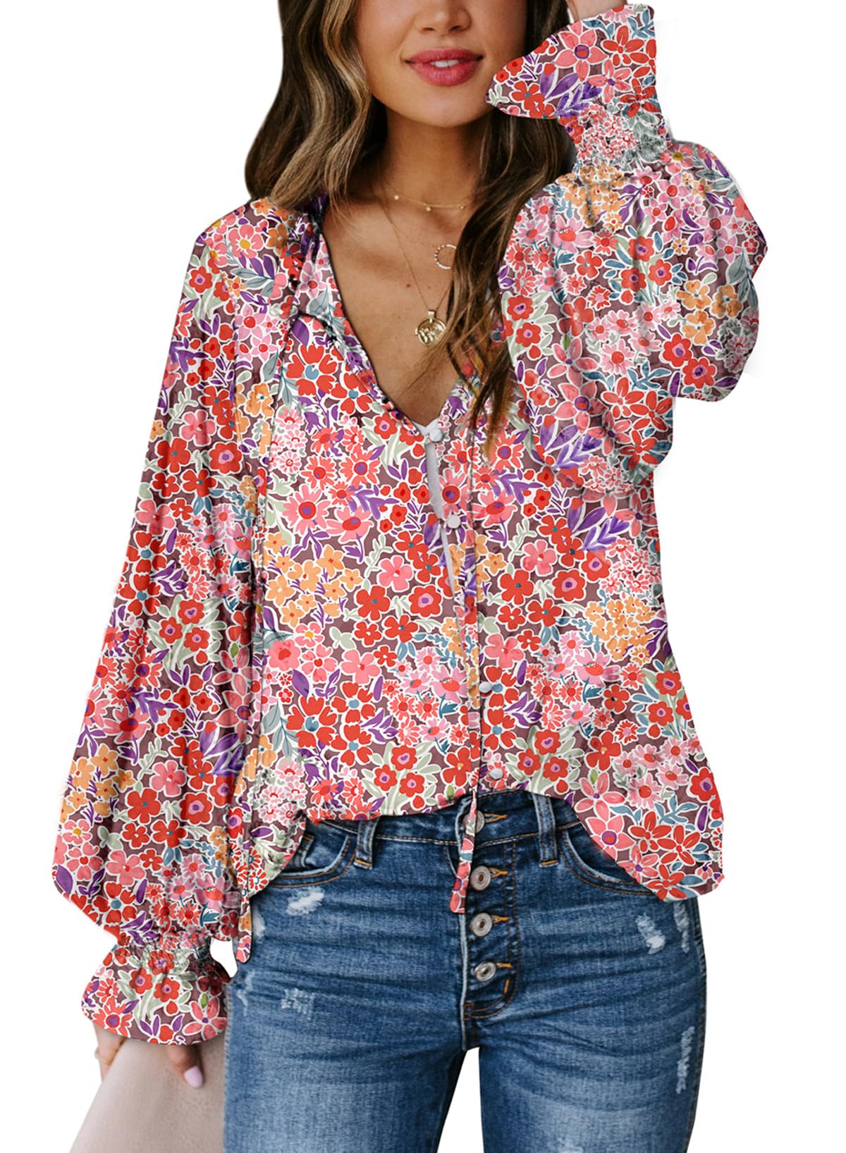 Biucly Womens Casual Floral Print Long Sleeve Boho Blouses Dressy ...