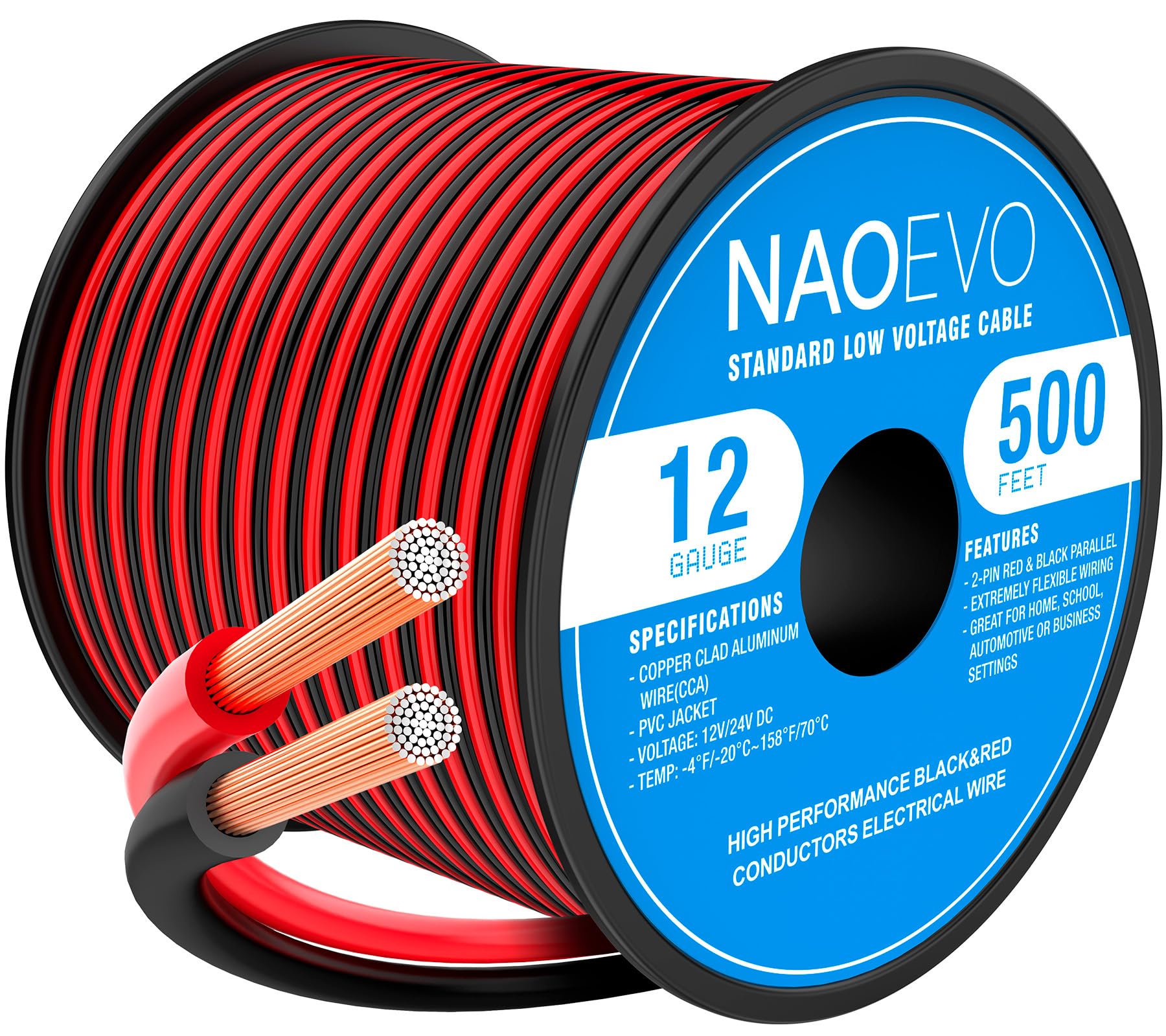 NAOEVO 12 Gauge Wire 500FT, 2 Conductors Electrical Wire Red Black ...