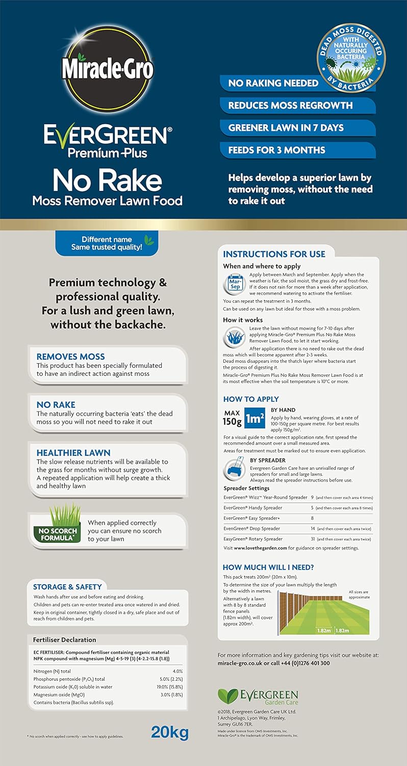 Miracle-Gro EverGreen Premium Plus No Rake Moss Remover Lawn Food 20kg – 200m2 – BigaMart