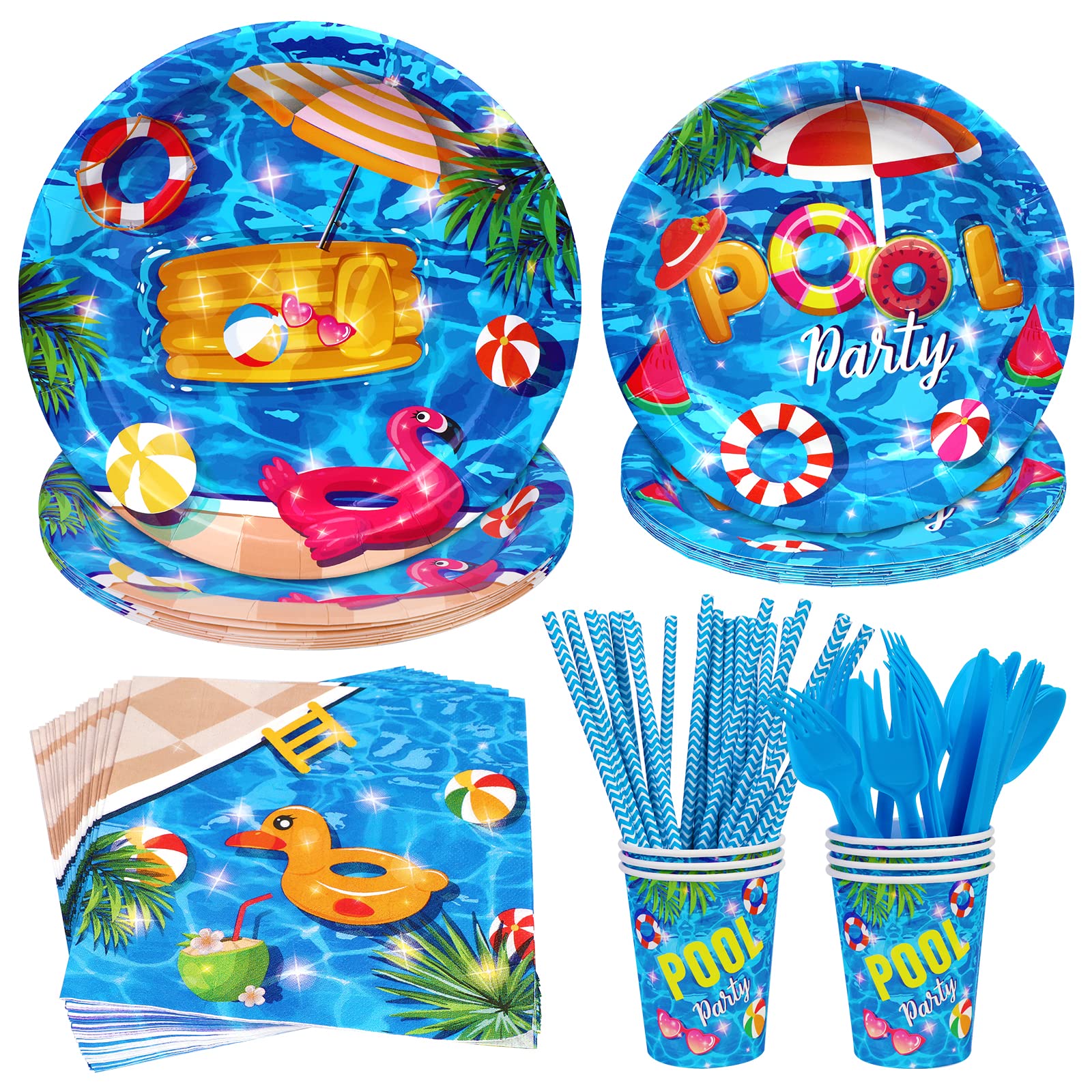 PHOGARY 93 PCS Summer Pool Party Supplies Tableware Set Serves 8, Pool ...
