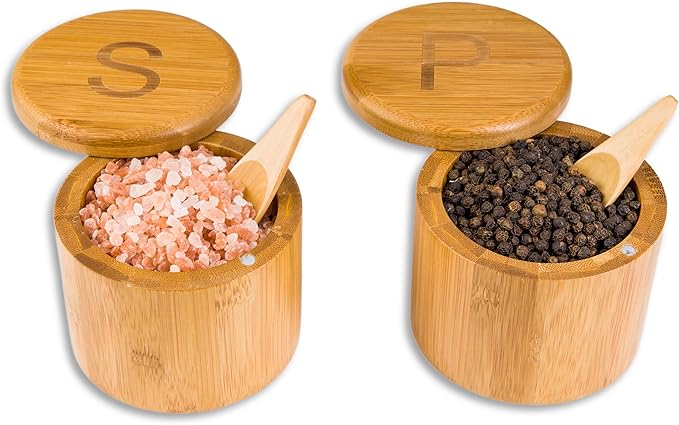 Amazon.com: Scavyn Engraved Bamboo Salt and Pepper Box Set with Spoons ...