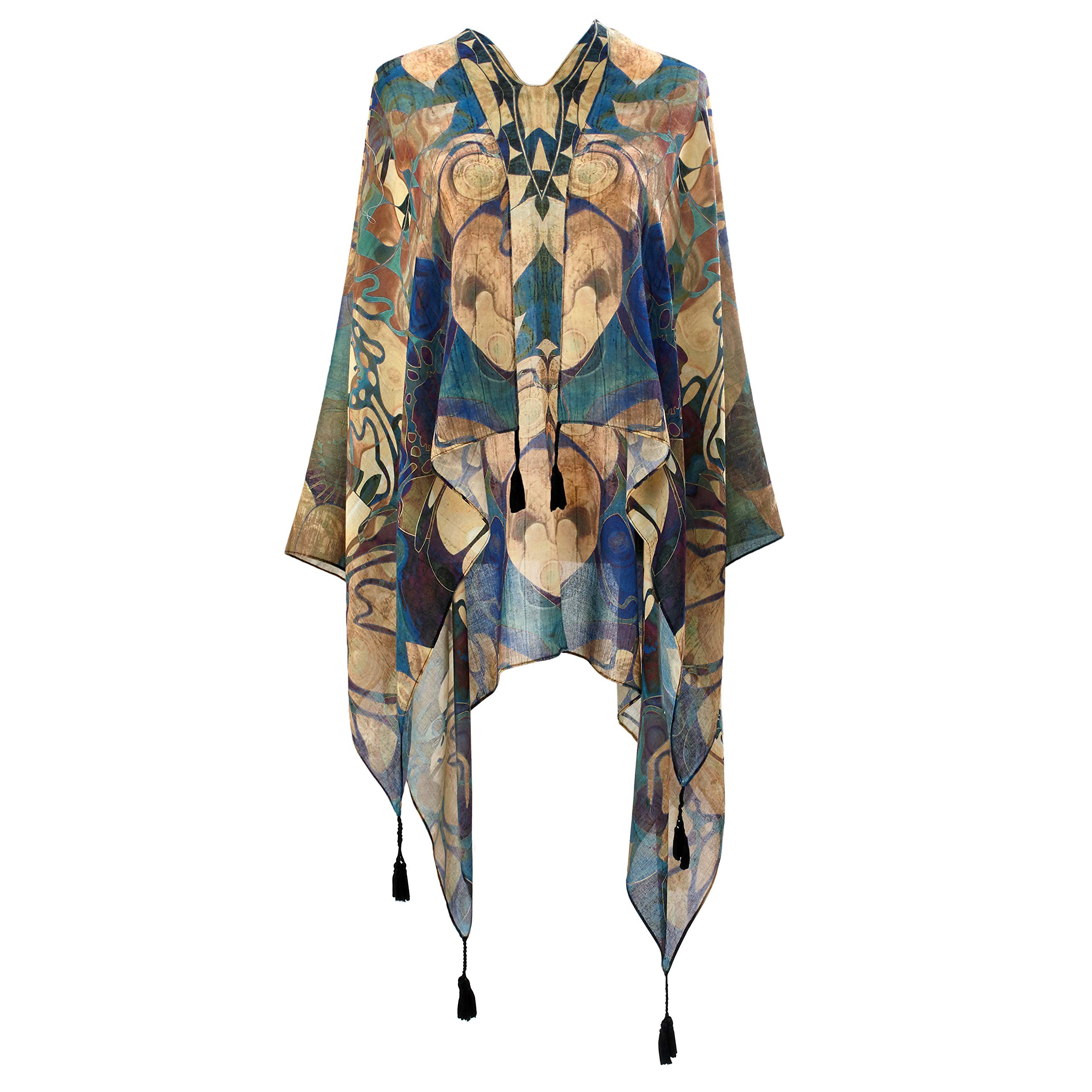 Golden Blue Floral Women's One Size Polyester Tasseled Fashion Kimono ...