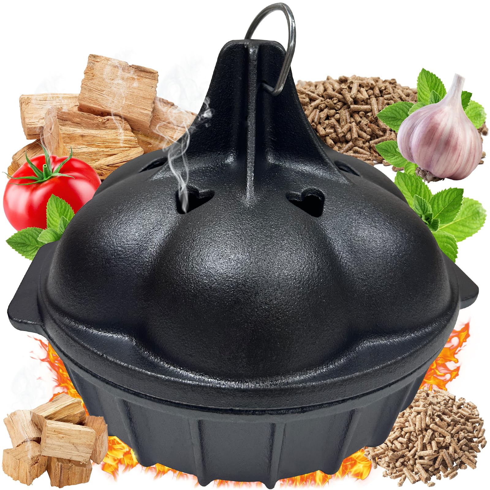 UKENEM Large Heavy Duty Cast Iron Roaster & Smoker Box, Pre-Seasoned ...