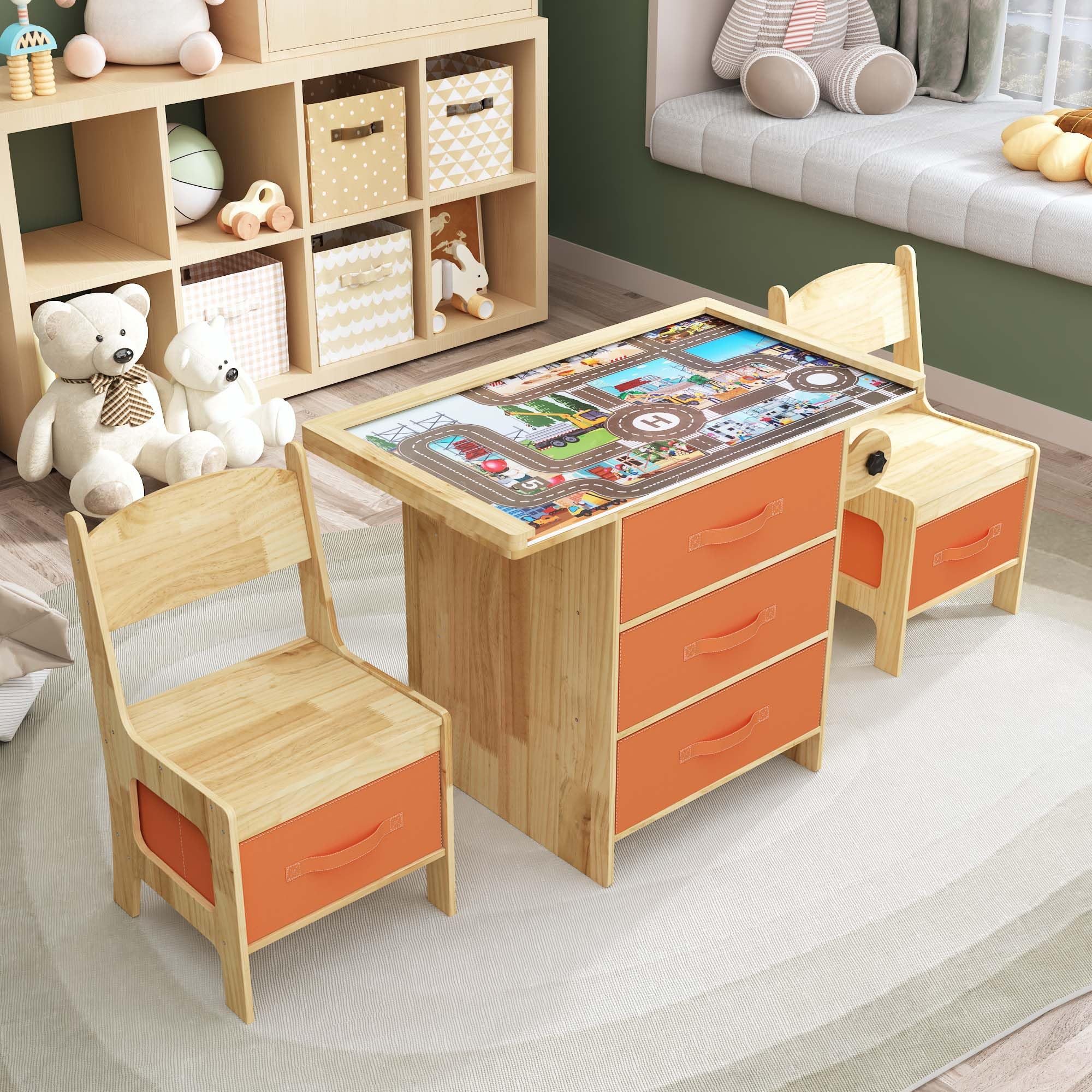 Timechee Pine Wood Kids Table and Chair Set 3 in 1 Wooden Toddler Table ...