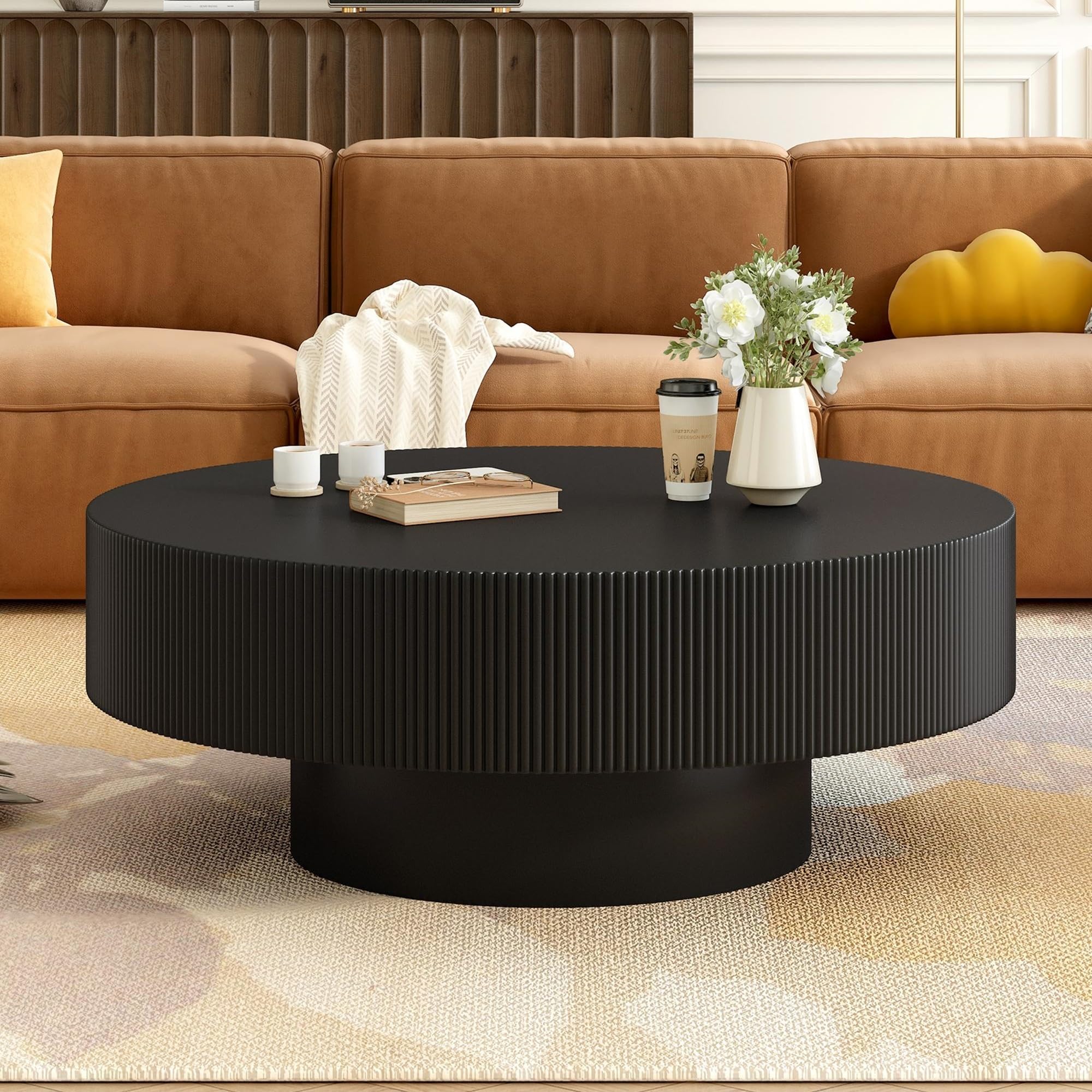 Merax Modern Round Coffee Table with Sturdy Base, Wood Center Tables ...