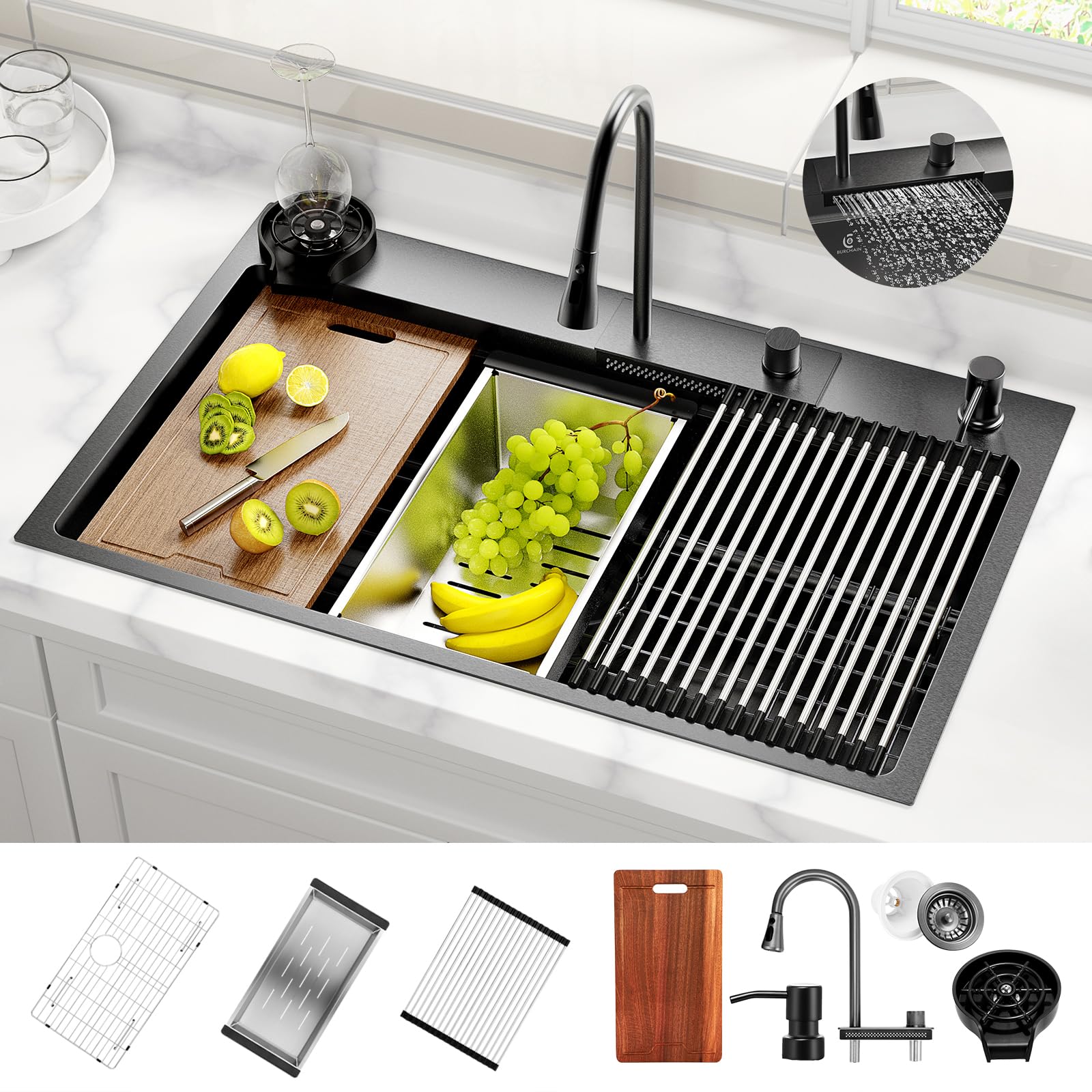 33x22 Waterfall Kitchen Sink with Faucet Black Drop in Single Bowl ...