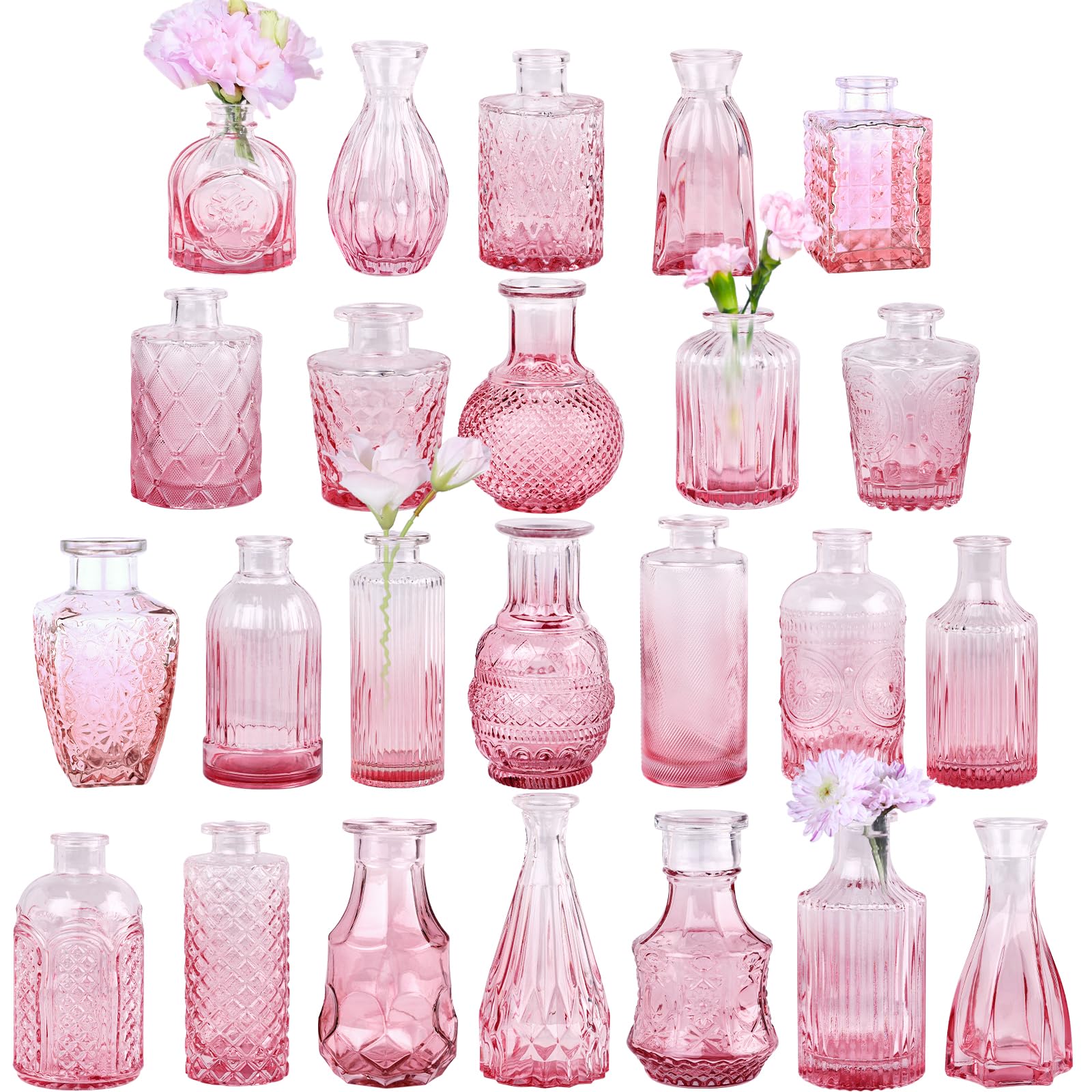 TBWIND Pink Glass Bud Vase Set of 24, Small Flower Vases for ...