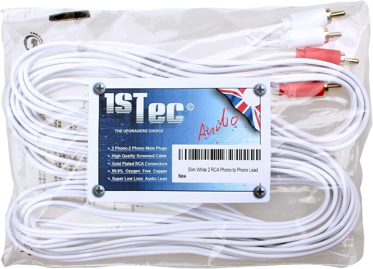 1STec 5m Stereo Audio Lead with 4 Gold Plated Red + White Phono Plugs ...