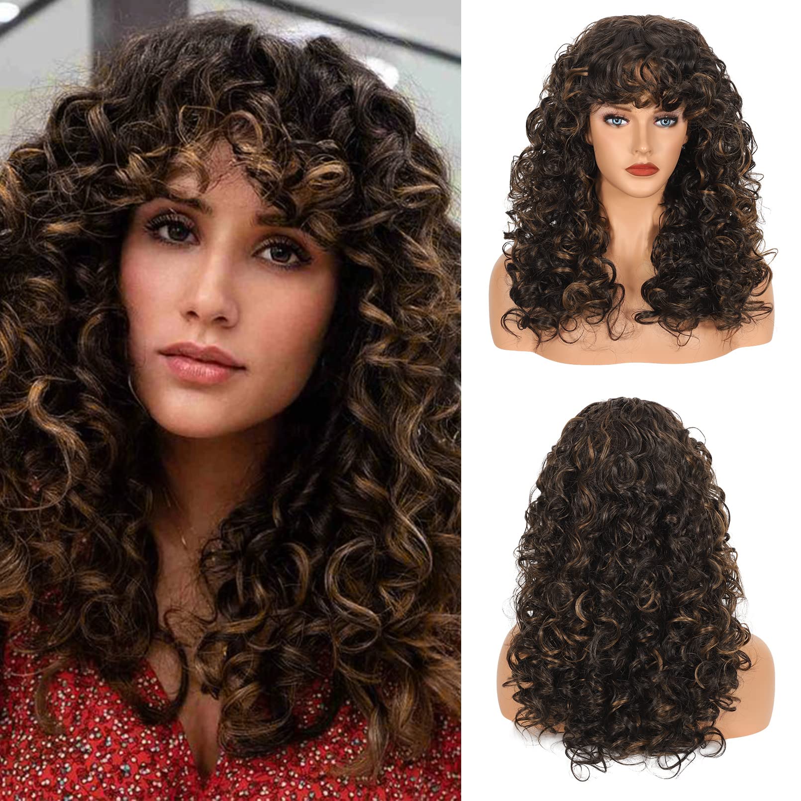 Flufymooz Curly Wig with Bangs for Black Women, 20 Inch Deep Brown with ...