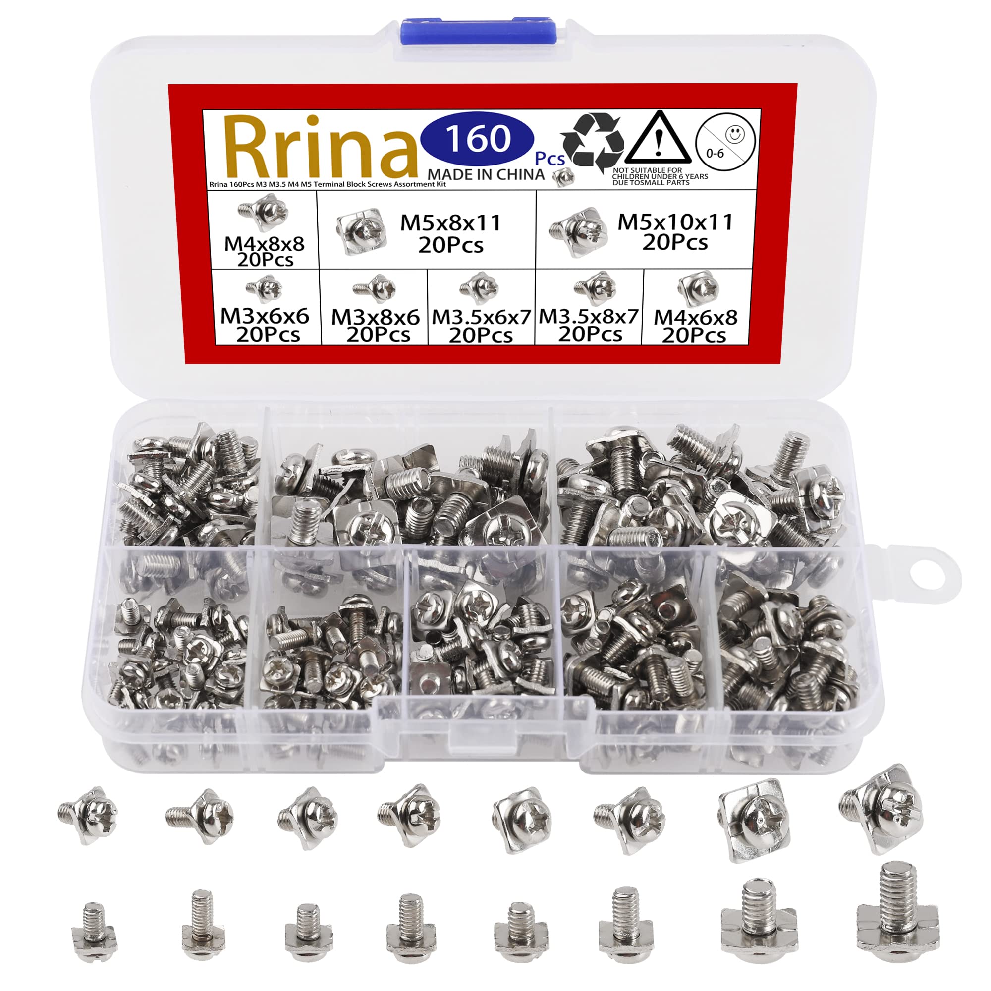 Rrina 160Pcs M3 M3.5 M4 M5 Terminal Block Screws Assortment Kit with ...