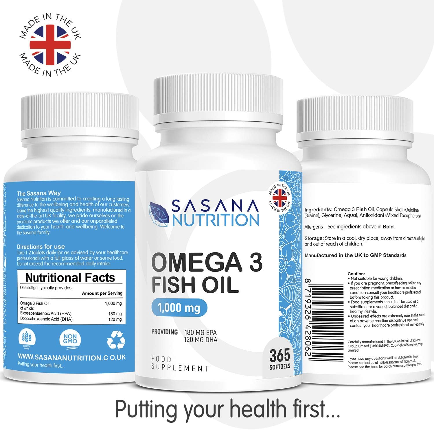 Sasana Nutrition Omega 3 1000mg Capsules- 365 Softgels 1 Years Supply of Premium Omega 3 Fish ...