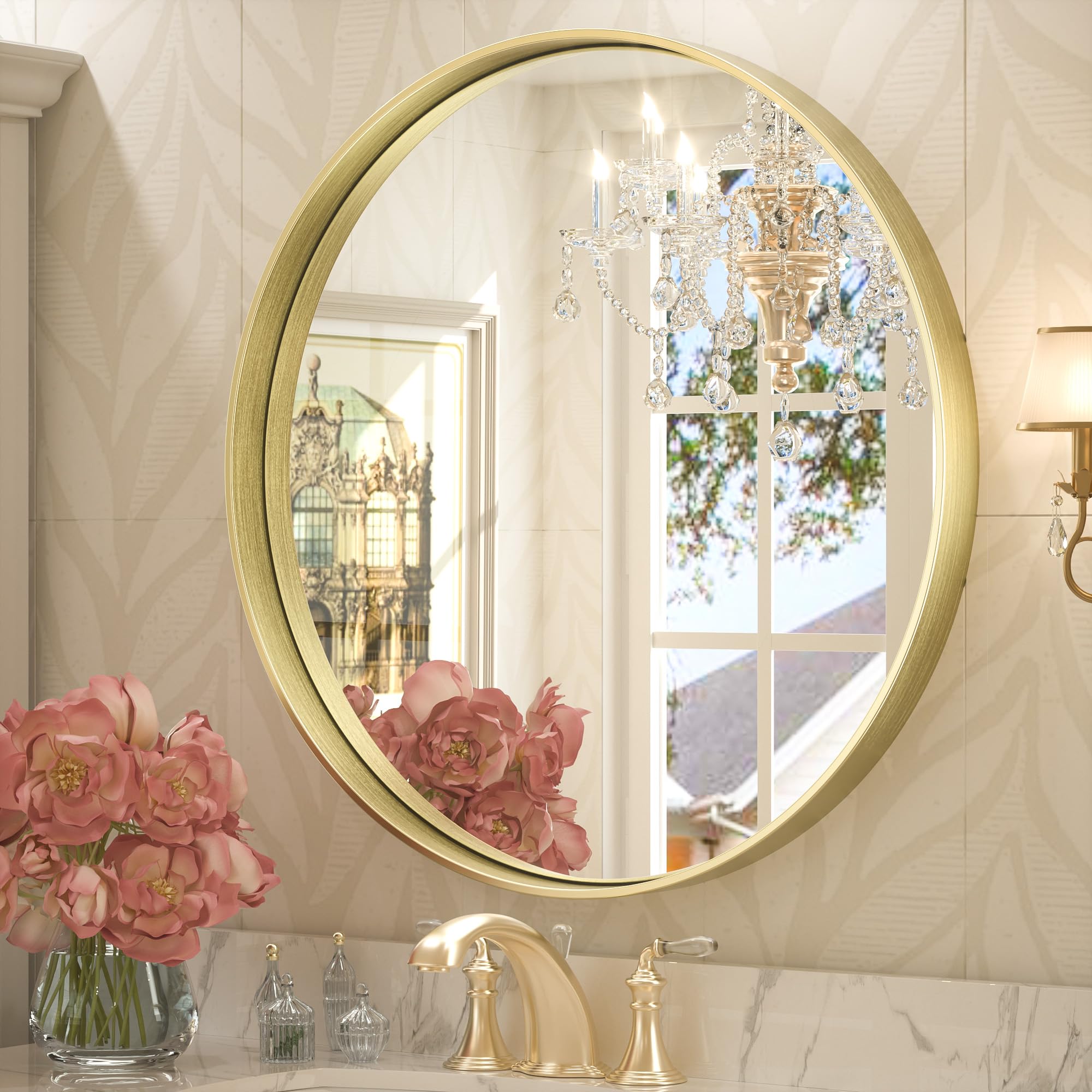 Keonjinn Gold Round Mirror 30 Inch Metal Framed Gold Bathroom Mirror ...