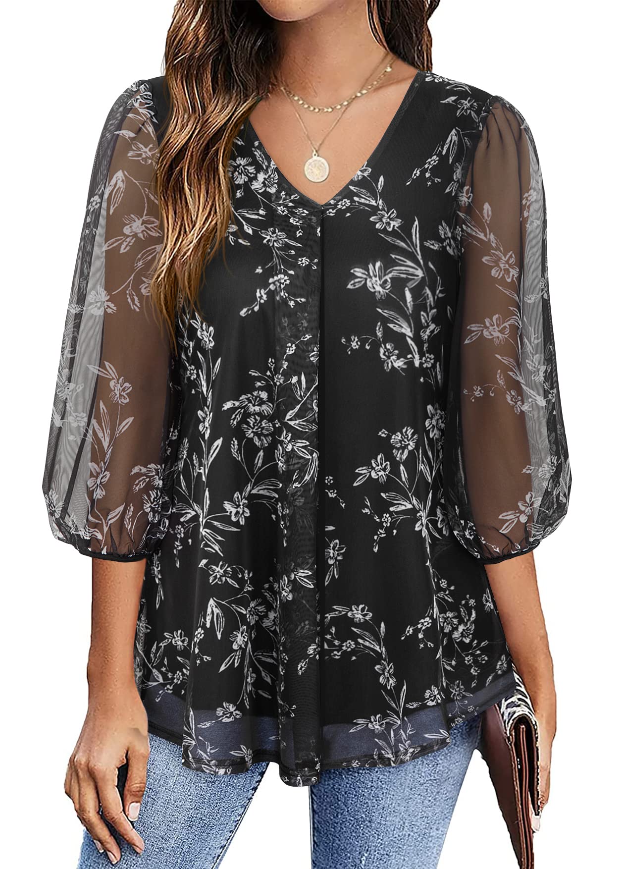 SeSe Code Floral Tops for Women 3/4 Sleeve Tops Flowy Mesh Shirt Summer ...