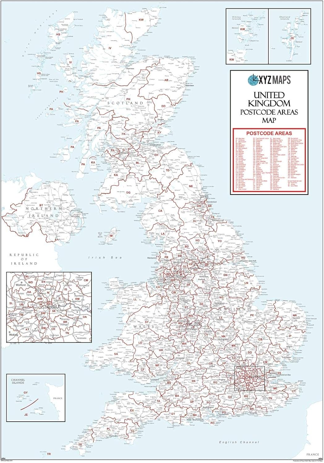 UK White Postcode Area Medium Wall Map (AR4) – 23.5″ x 33.25″ Laminated ...