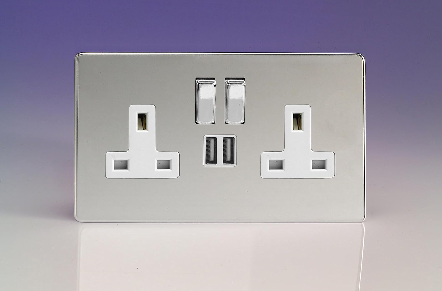 Flat Plate Screwless Polished Chrome 2 Gang 13 Amp Socket + 2x USB ...