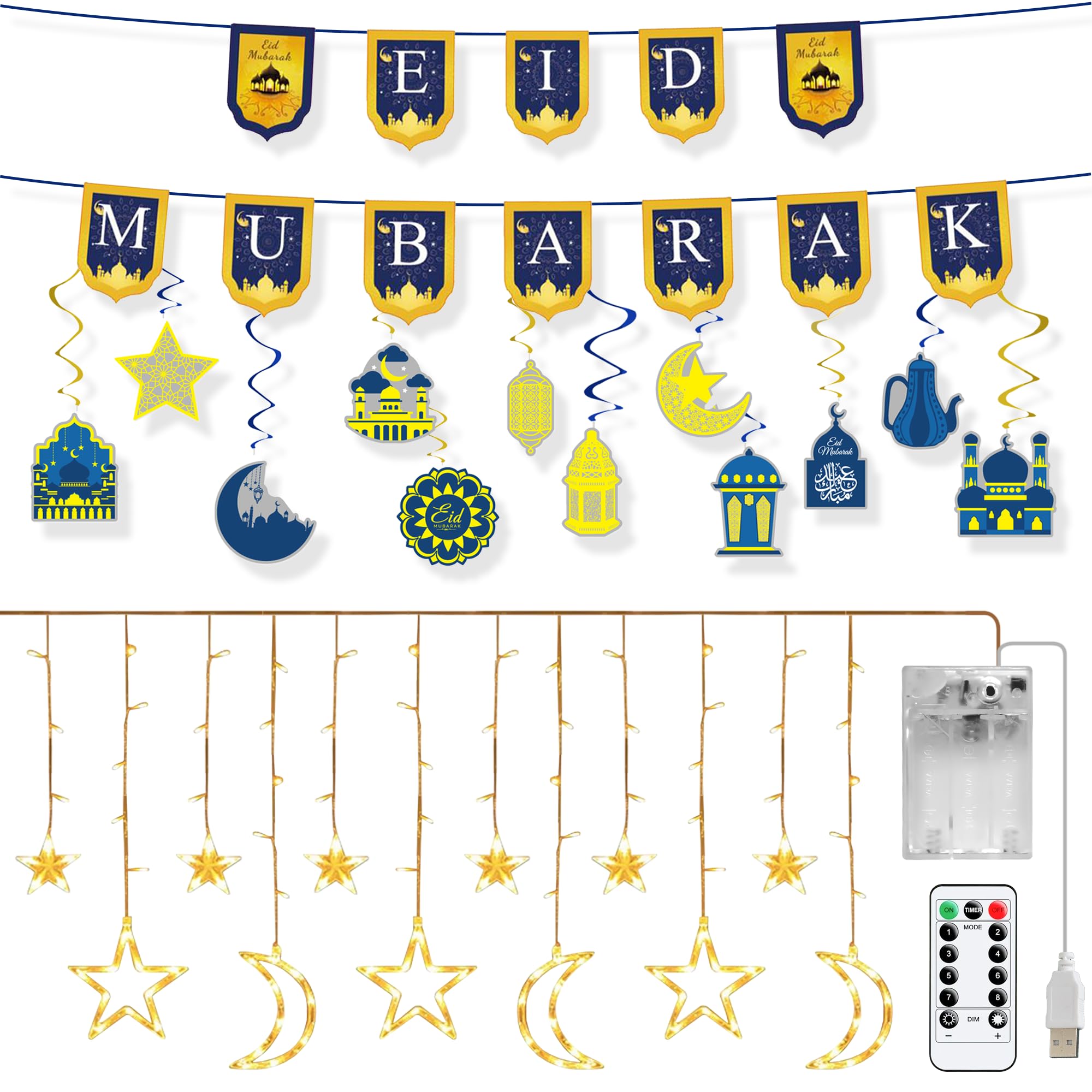 Ramadan Light String with Remote & Eid Mubarak Banner Set, USB ...