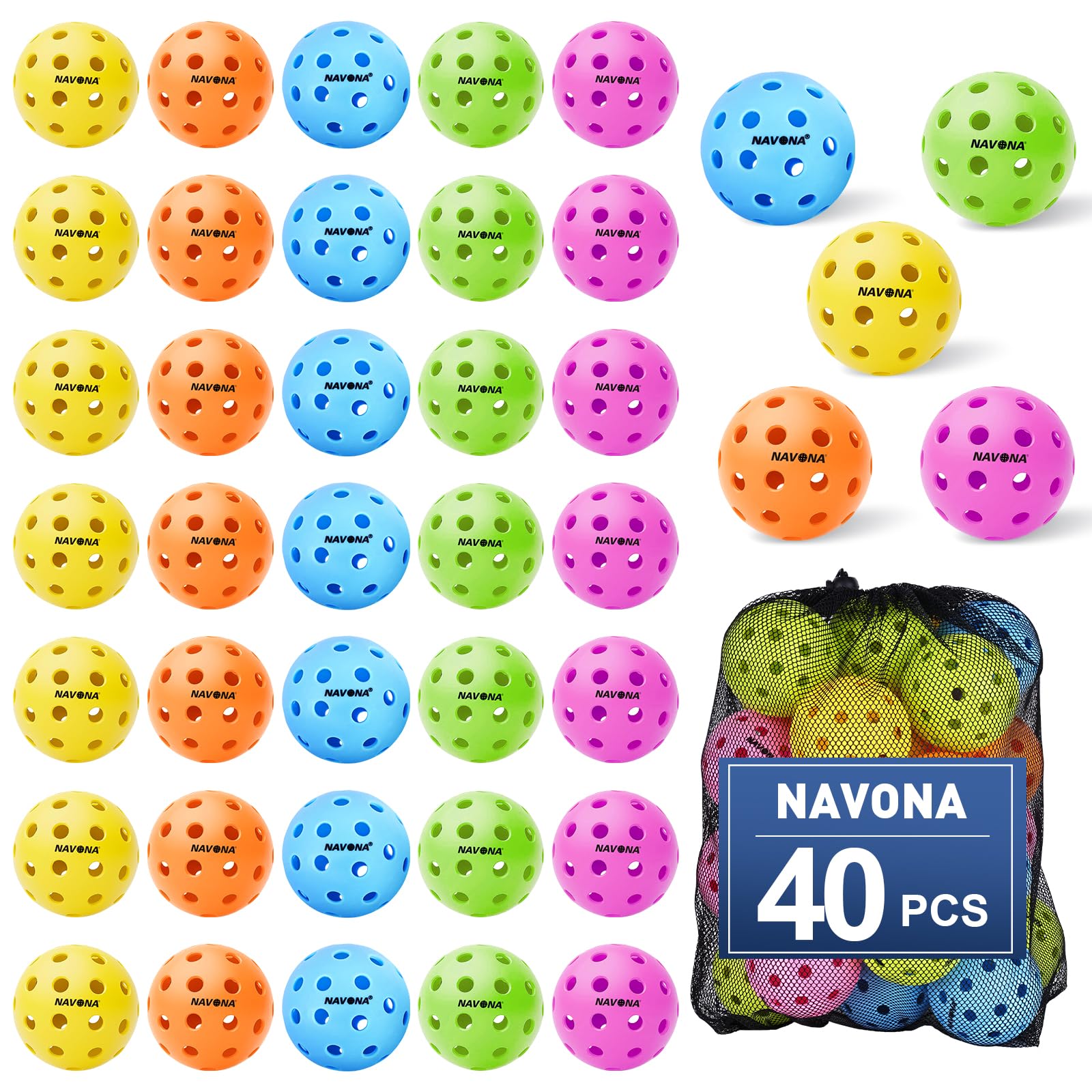 Navona 40 Pack Premium 40-Holes Multicolor Outdoor Pickleball Balls ...