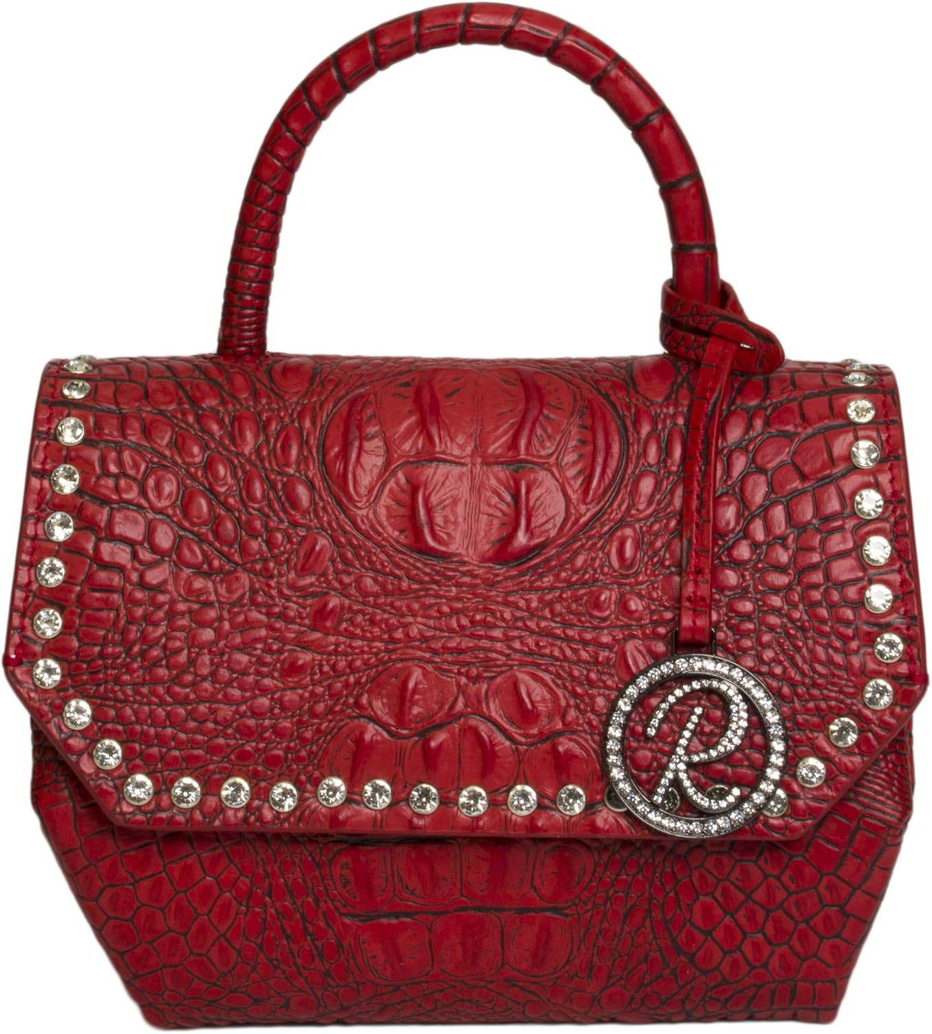Raviani Elegant Handle Bag In Red Embossed Croco Leather W/Crystals ...