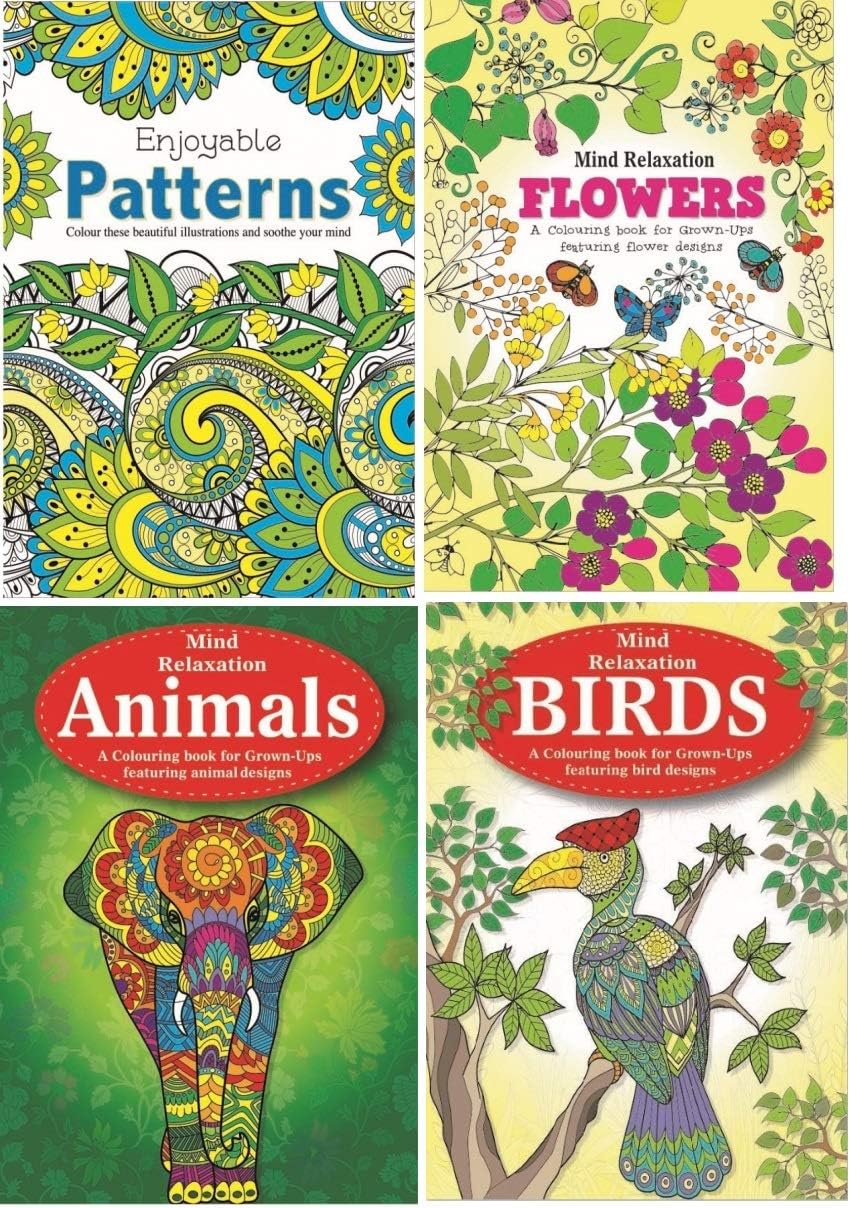 Squiggle A4 Adult Anti-Stress Colouring Book Set of 4 Books – Flowers, Patterns, Animals & Birds ...