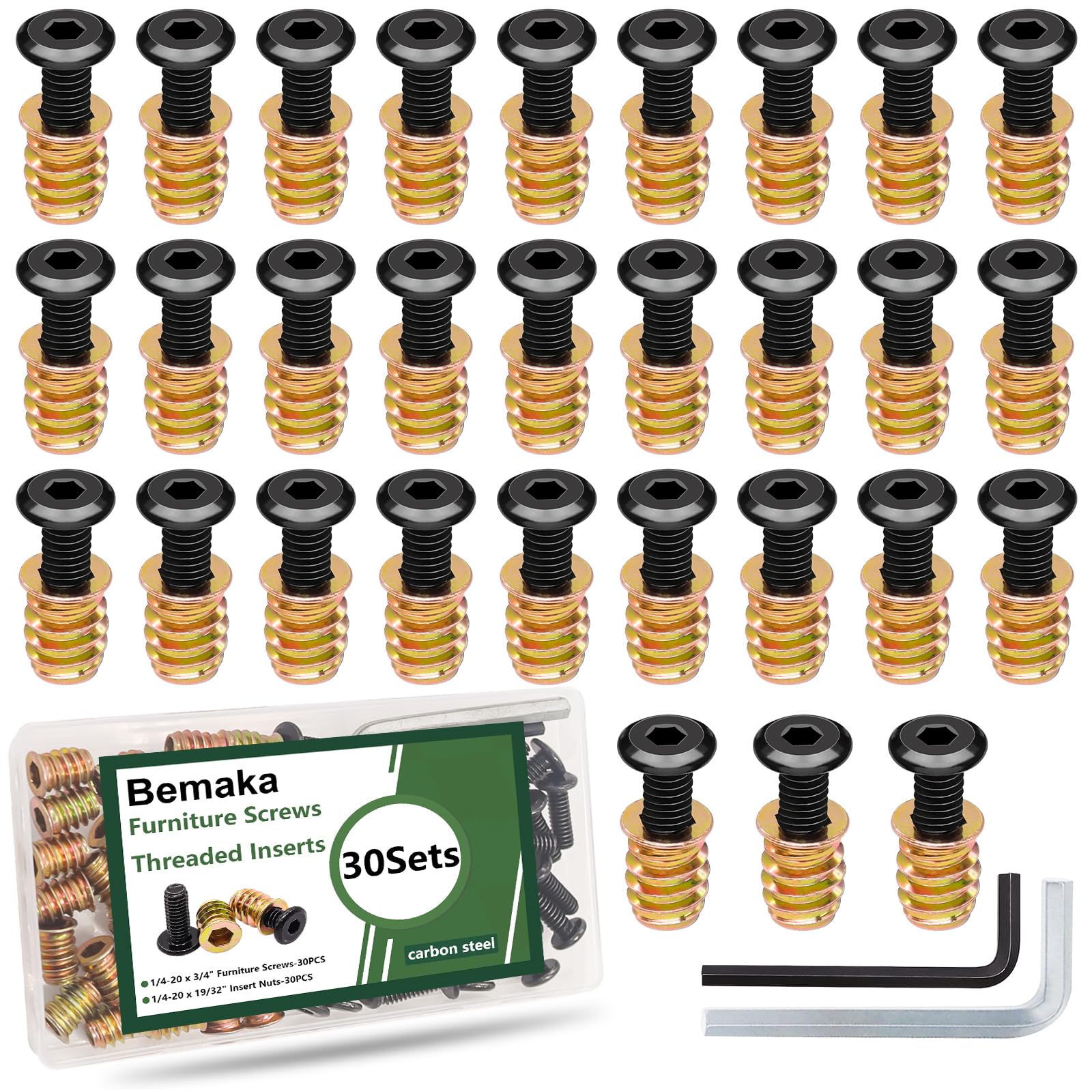 Bemaka 30 Sets 1/4-20 x 3/4" Furniture Screw Threaded Wood Inserts ...