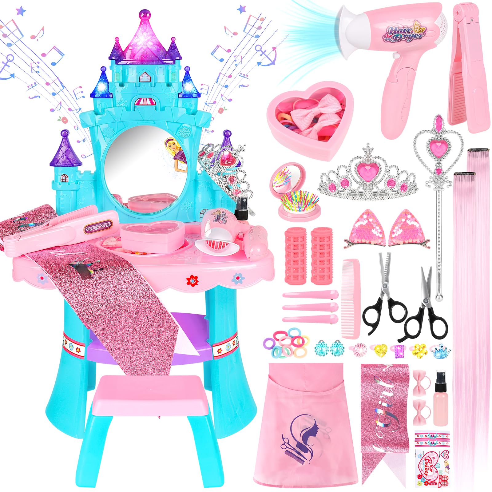 EULRGAUS Toddler Vanity Table and Chair Set with Mirror, Light and ...