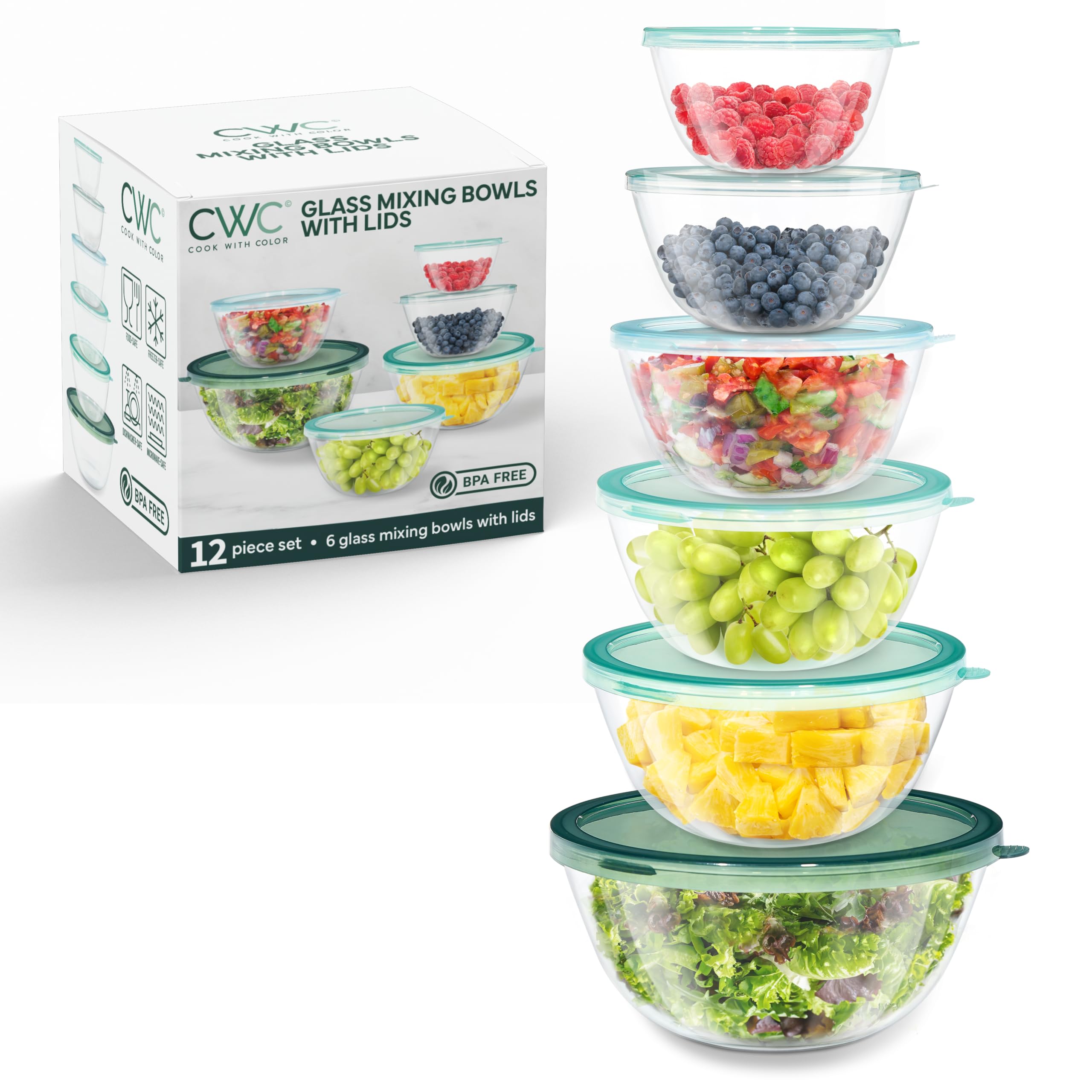 CWC 12 Piece Glass Mixing Bowl Set with Lids – Borosilicate Glass ...