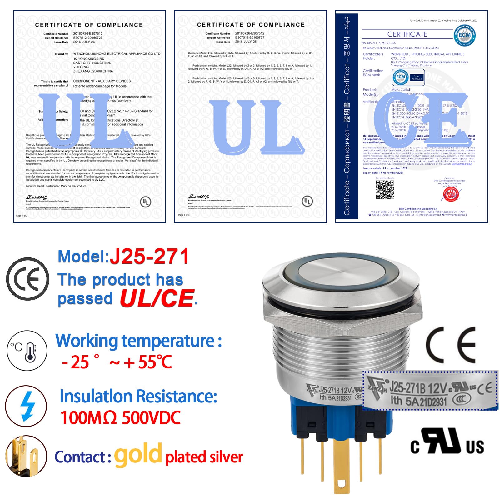 25MM Momentary Push Button Switch Self-Reset 2NO2NC 1NO1NC Stainless Steel Shell With 12V LED ...