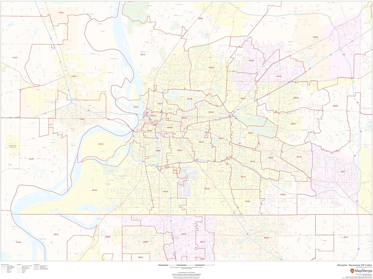 Amazon.com : Memphis, Tennessee Zip Codes - 48" x 36" Laminated Wall ...