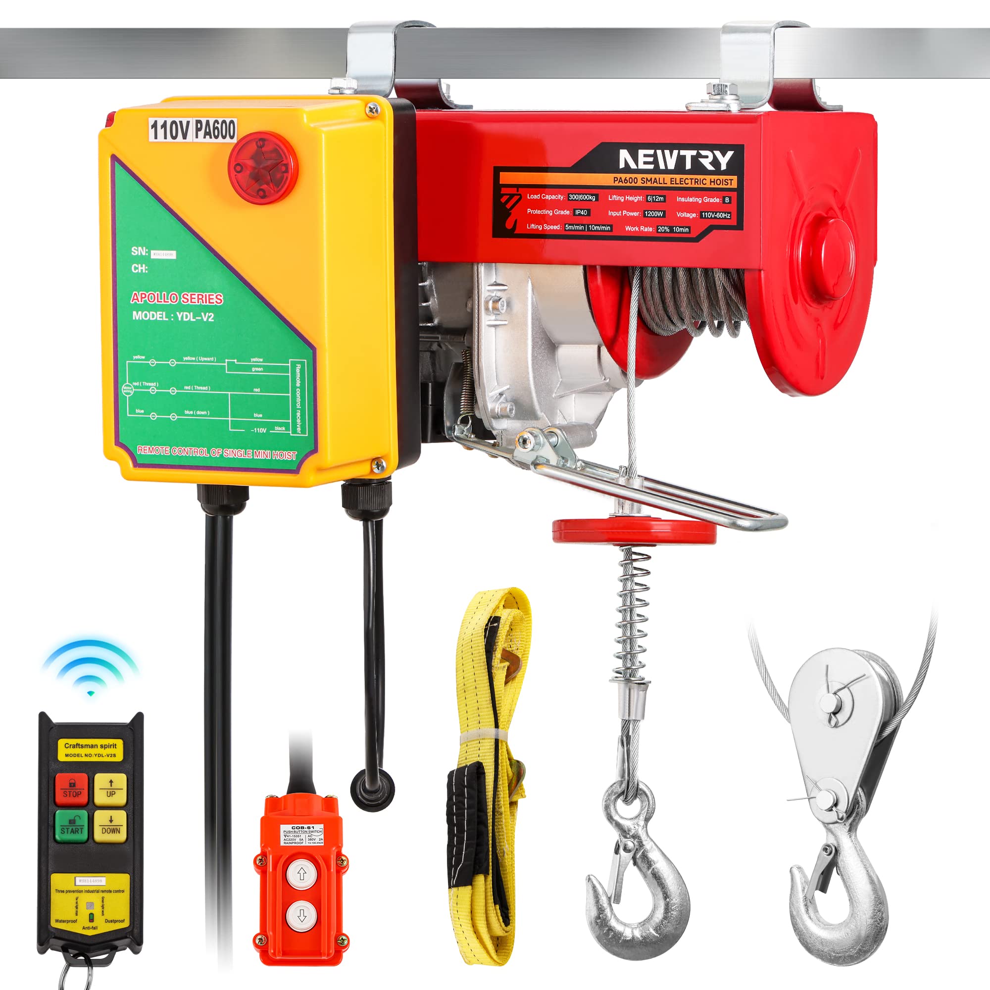 NEWTRY 1320lb Electric Hoist Lift, Wireless & Cable Remote Control ...