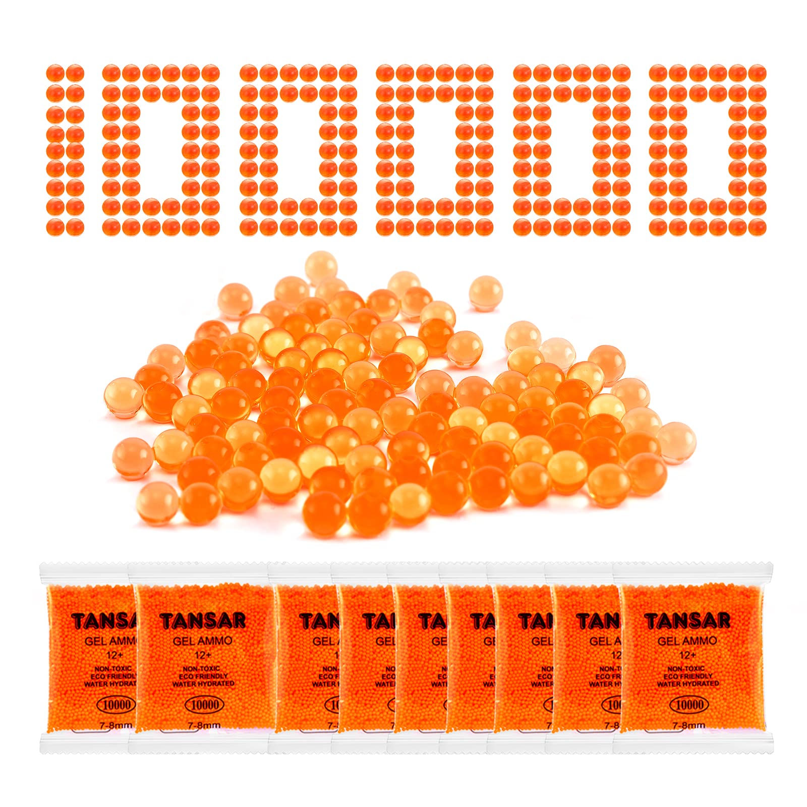 TANSAR Gel Ball Blaster Ammo(7-8 mm, 10 Pack, 10000 Pieces Per Pack), 7 ...