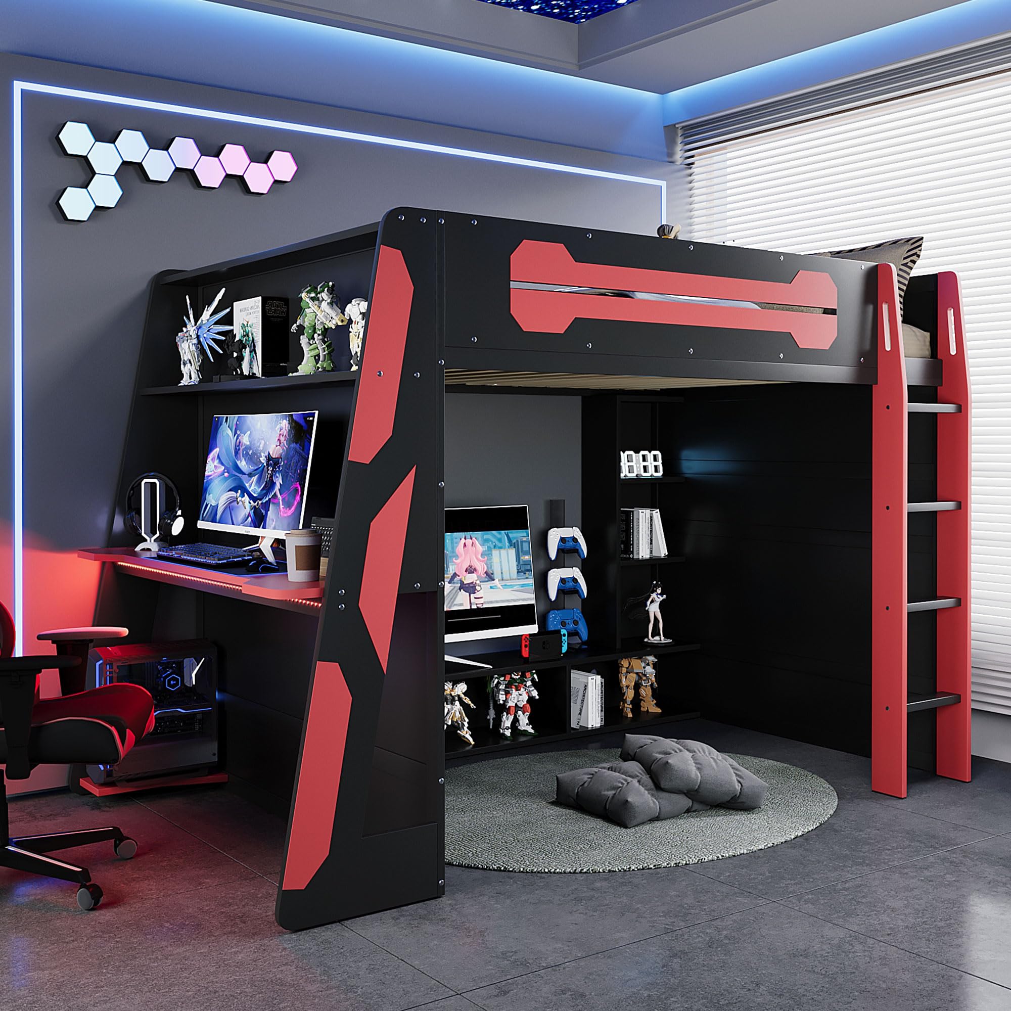 Ball & Cast Full Size Gaming Loft Bed with Desk,Wood Gamer Bed Frame w ...