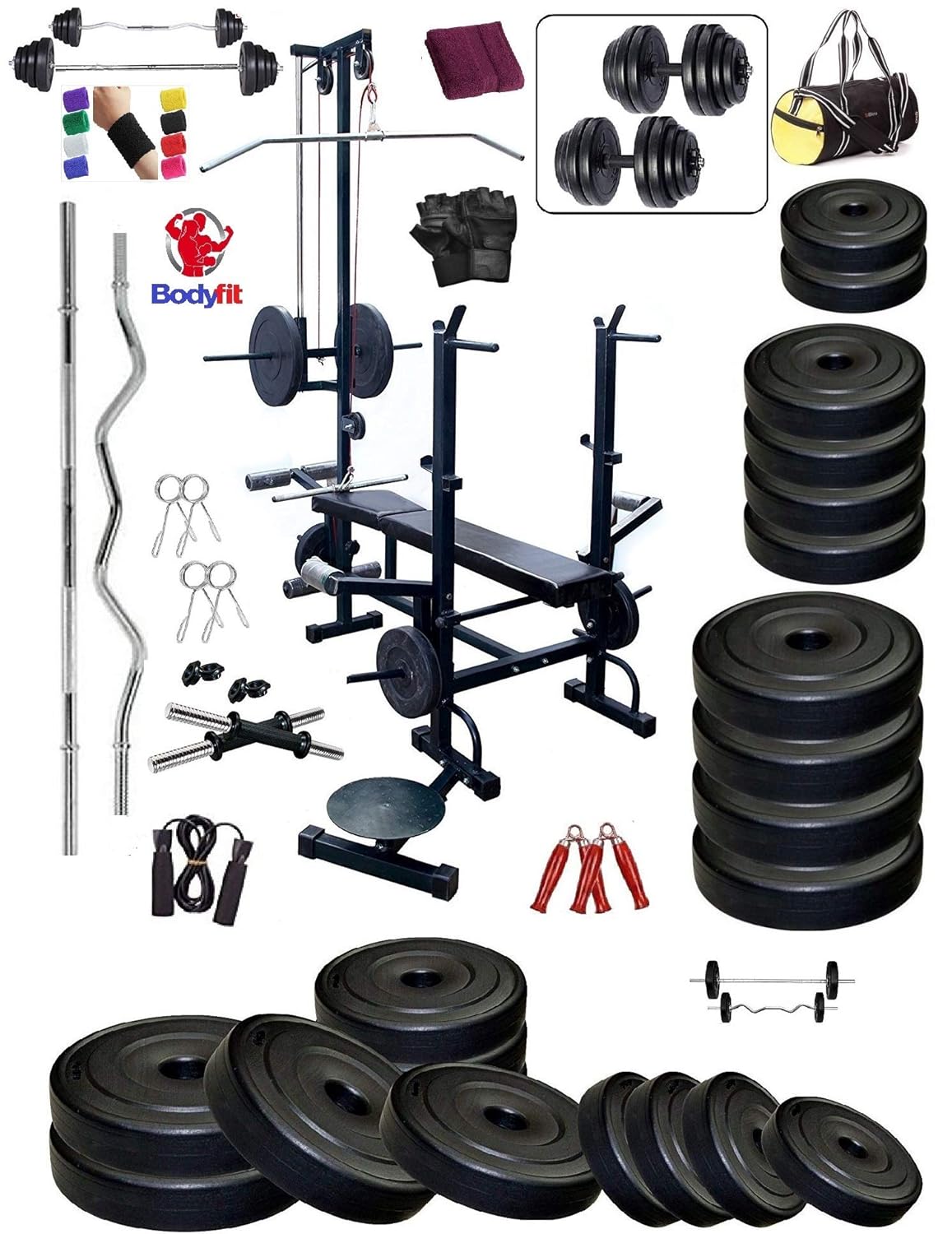 BodyFit 20-in-1 Bench Home Gym Exercise Sets with Plates (60kg), 3ft ...