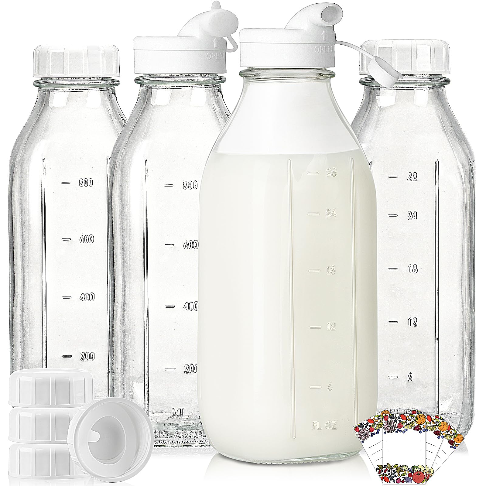 4 Pack 1 Liter Glass Milk Bottles w Scale, 100% Airtight Heavy Duty ...