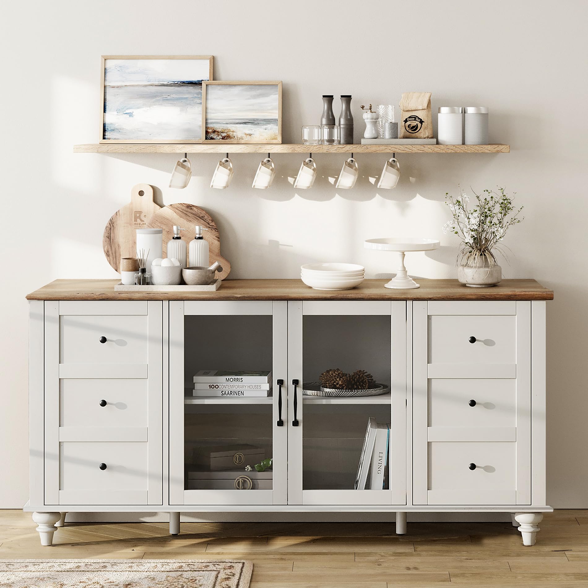 FITUEYES Sideboard Buffet Cabinets with Glass Door, Kitchen Storage ...