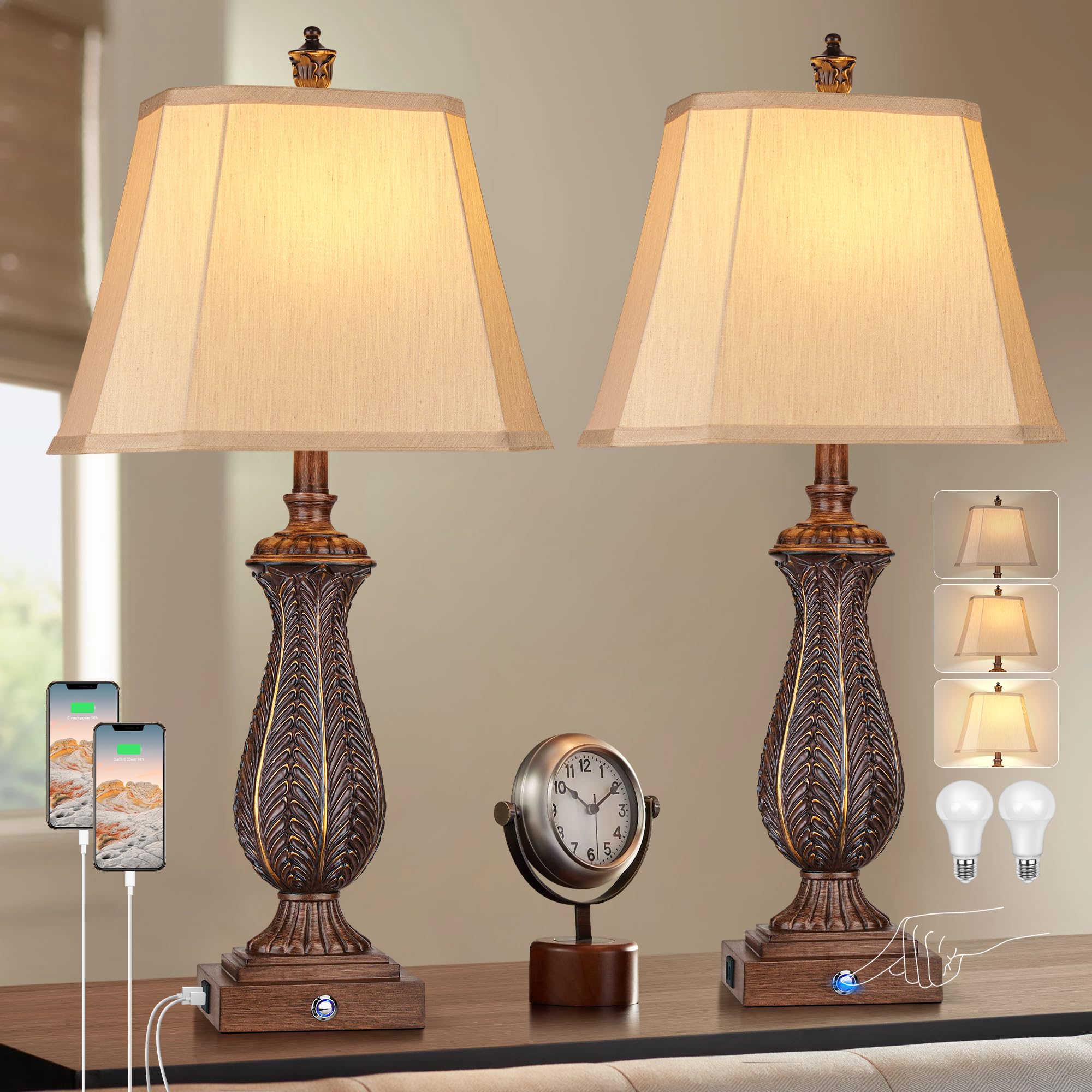 WIHTU 3-Way Dimmable Table Lamps for Bedrooms Set of 2, 30" H Touch ...