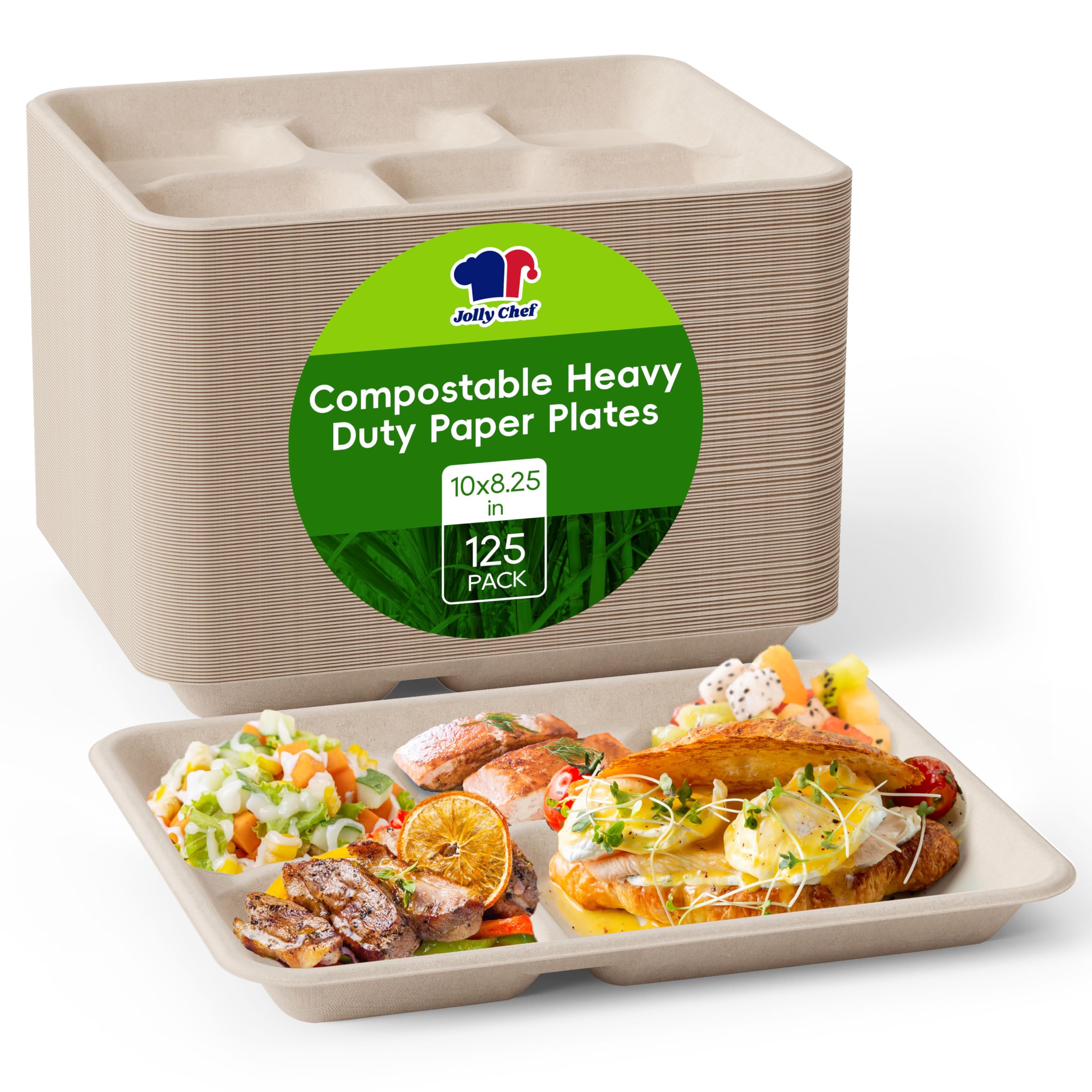 JOLLY CHEF Compostable 5 Compartment Paper Plates 10 * 8 inch [125 Pack ...