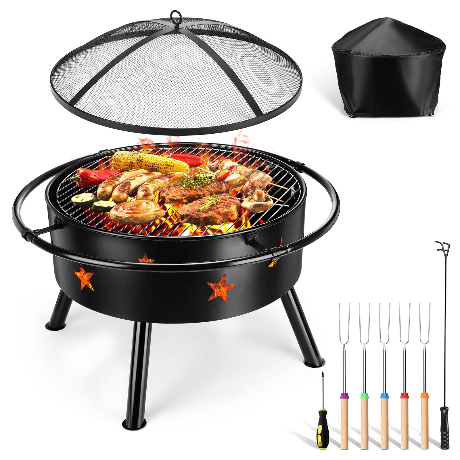 HaSteeL 30 Inch Outdoor Fire Pit, Round Wood Burning Firepit with Spark ...