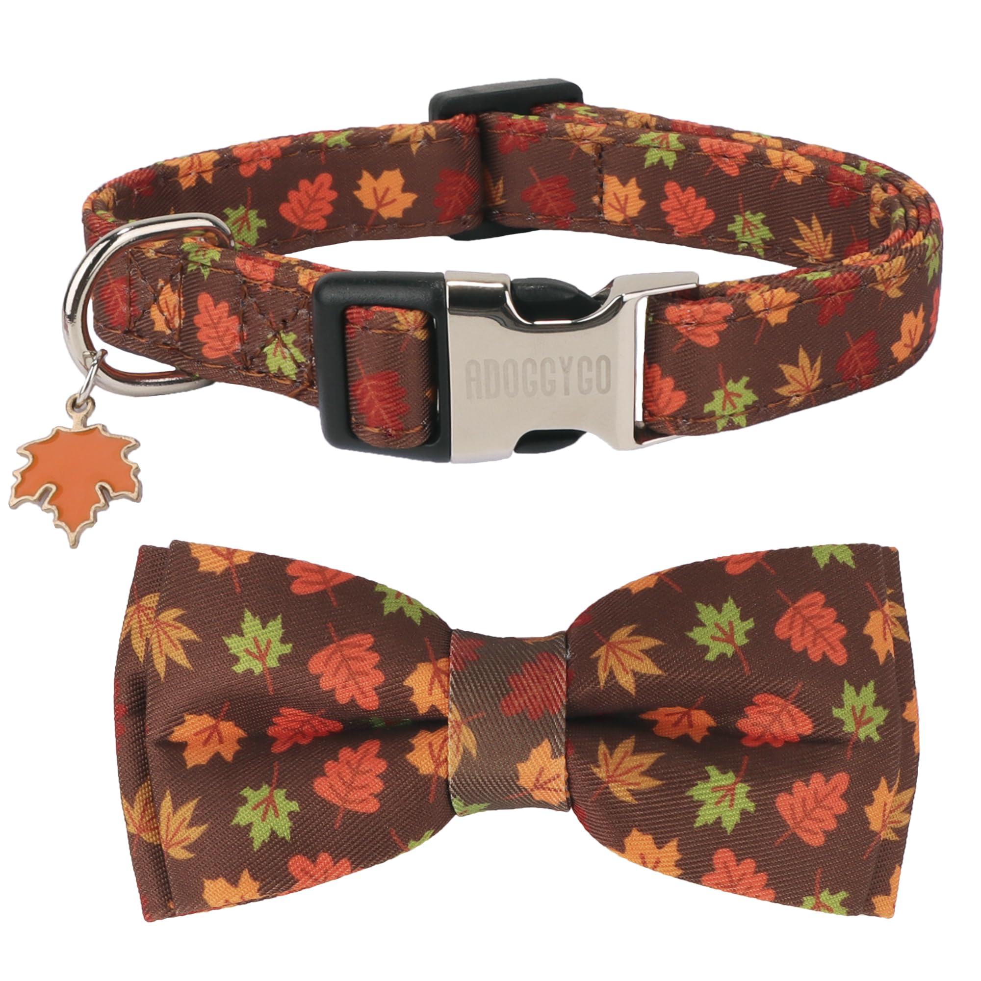 ADOGGYGO Fall Dog Collar with Bowtie, Adjustable, Brown, Maple Leaves ...